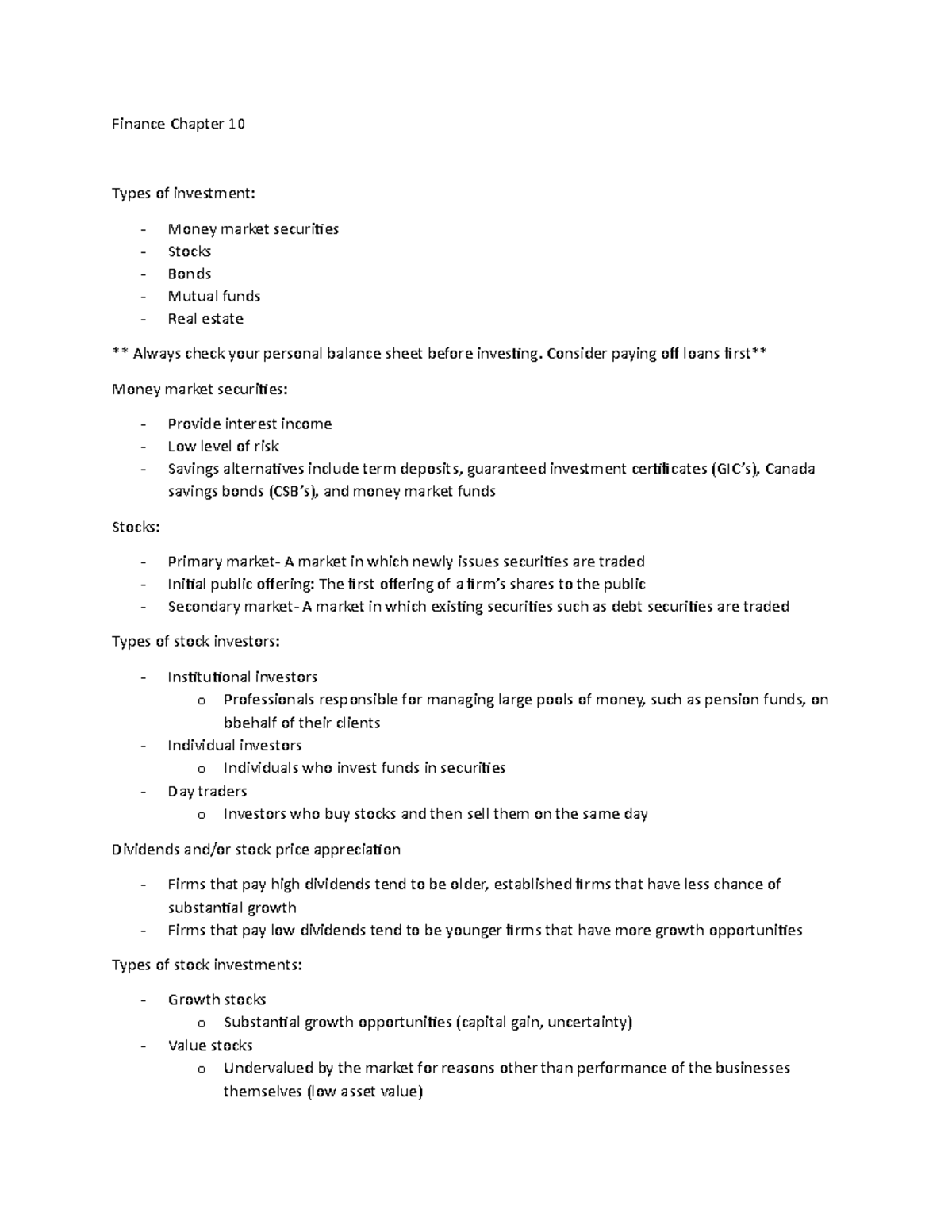 Finance Chapter 10 - Lecture notes 10 - Finance Chapter 10 Types of ...
