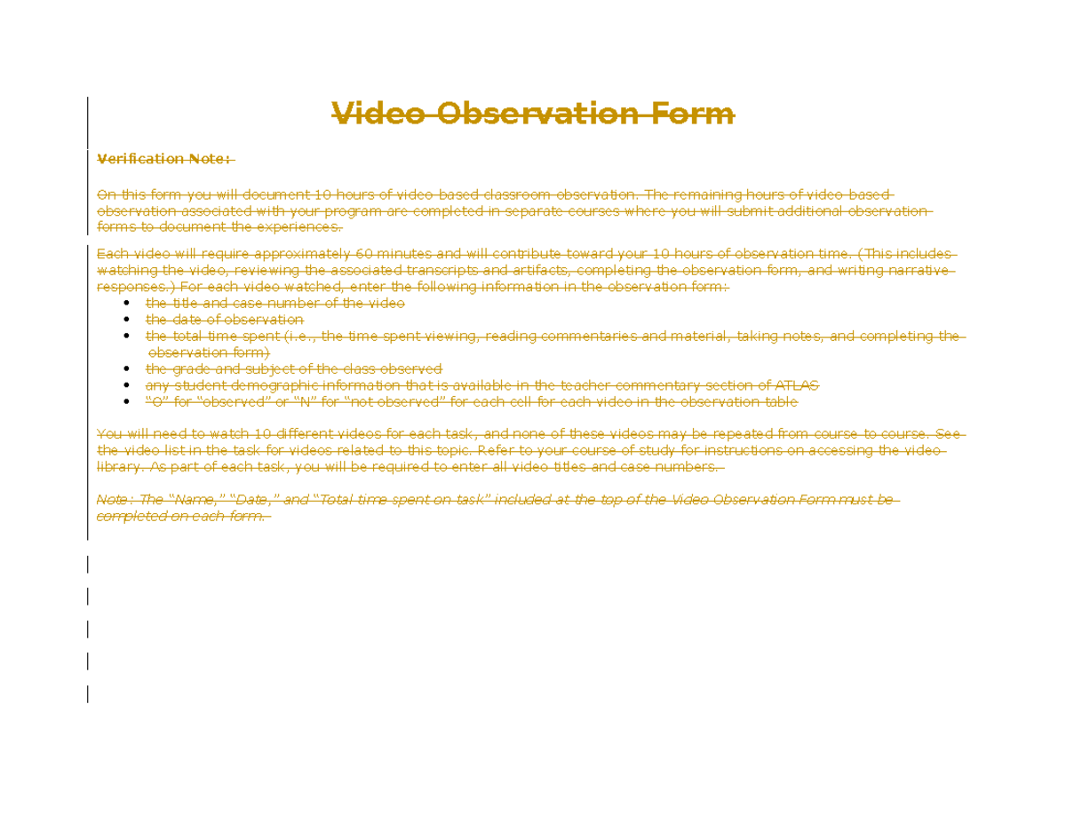 Task 4 classroom management - Video Observation Form Verification Note ...
