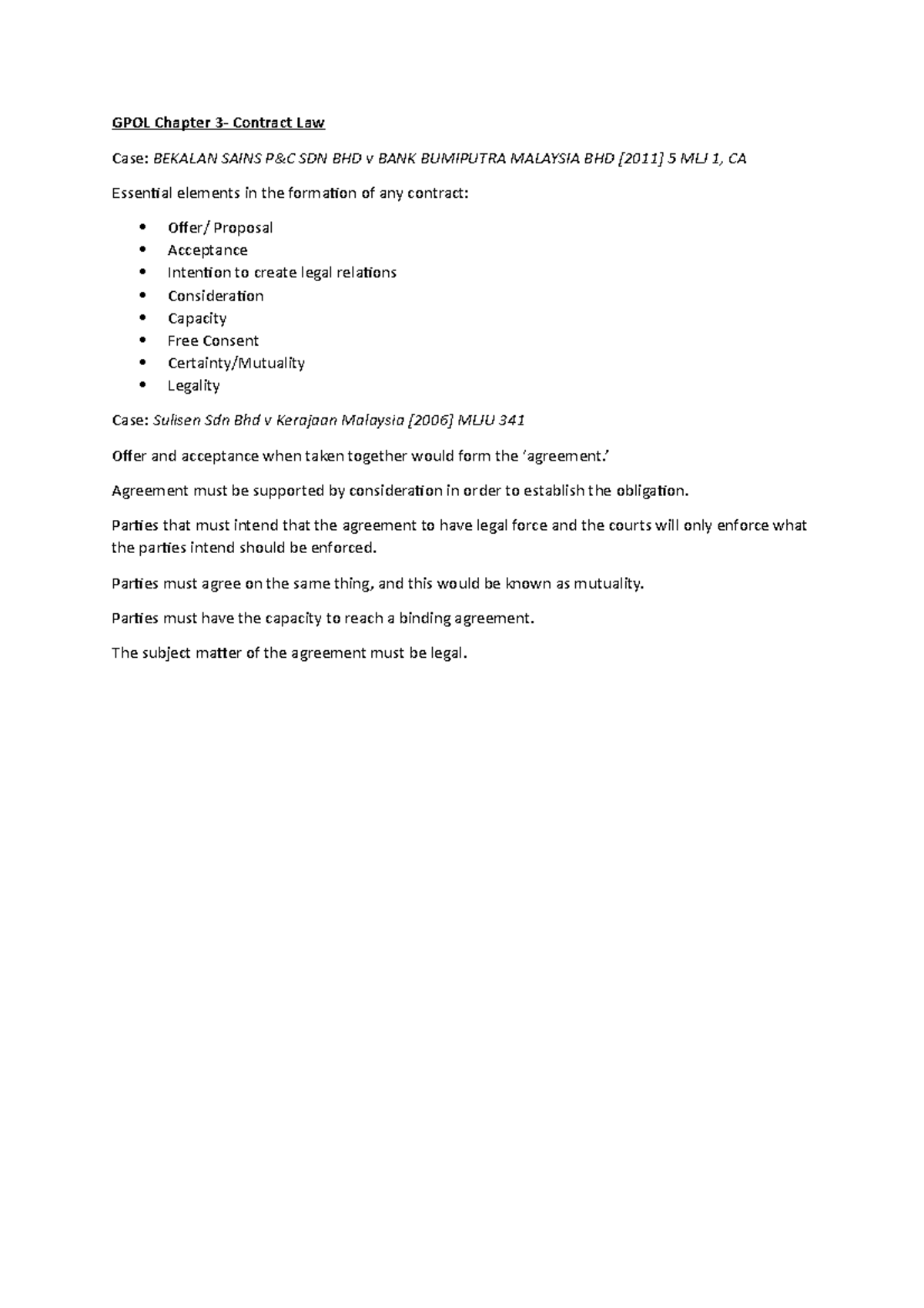GPOL- Chap 3 - Chapter 3 notes gpol - GPOL Chapter 3- Contract Law Case ...