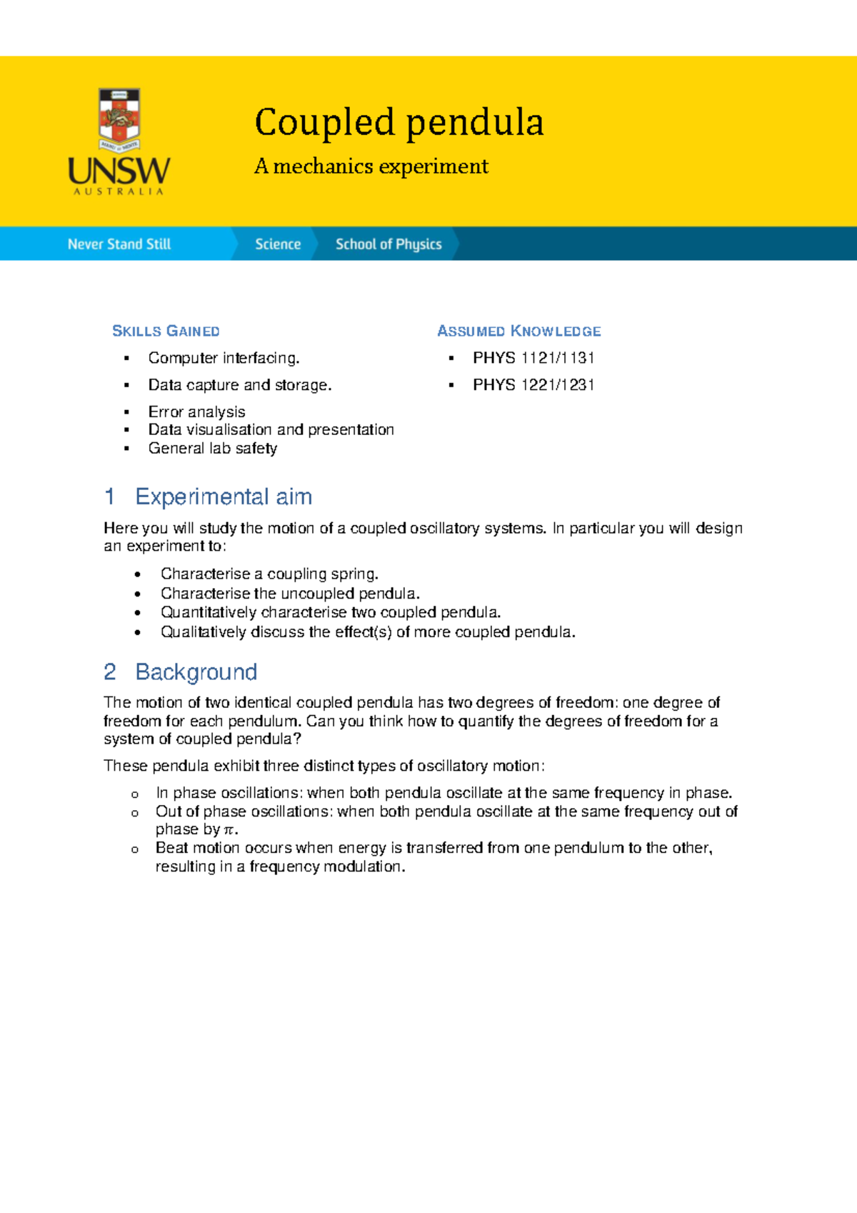 Coupled Pendula Student Notes V2 - SKILLS GAINED ASSUMED KNOWLEDGE ...