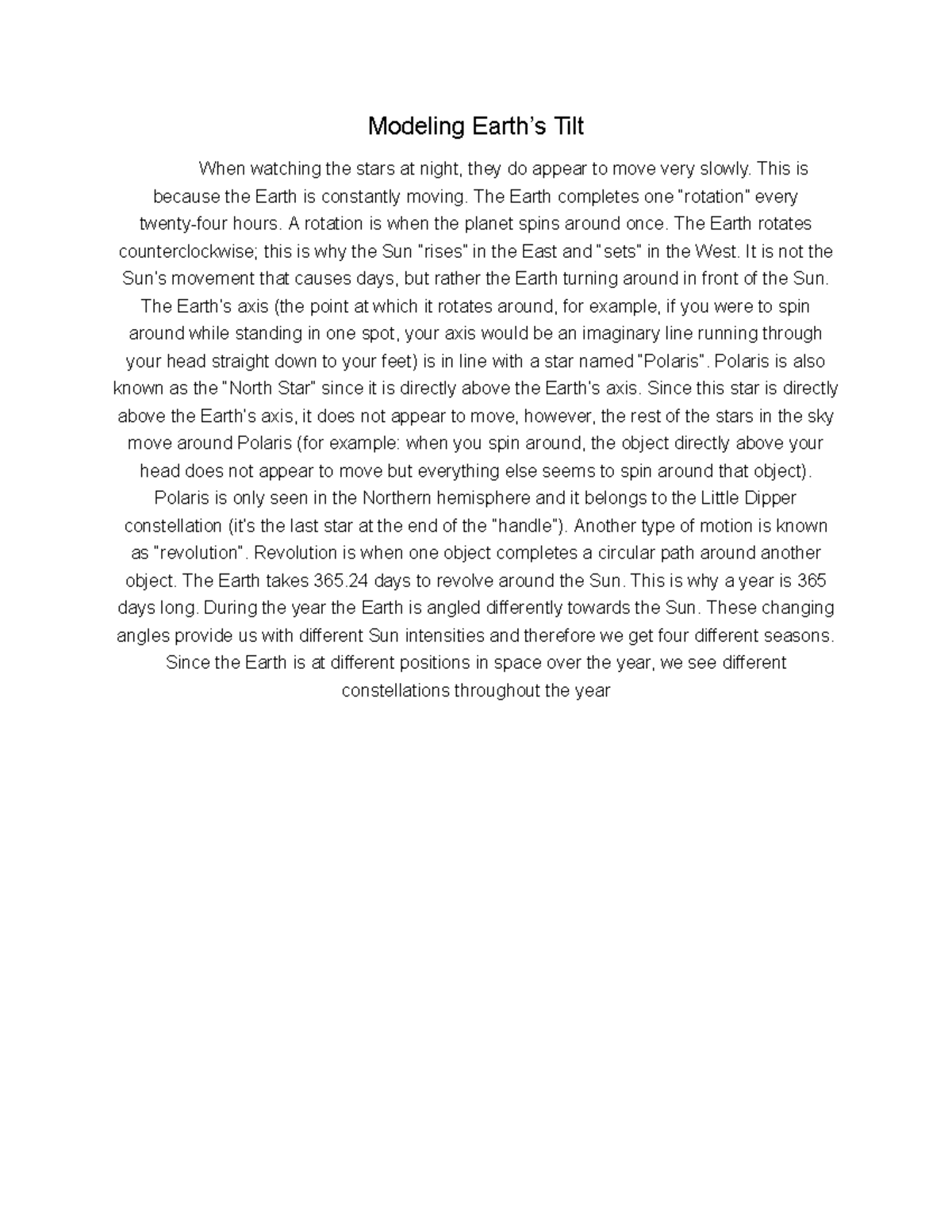 Modeling Earths Tilt - Modeling Earth’s Tilt When watching the stars at ...