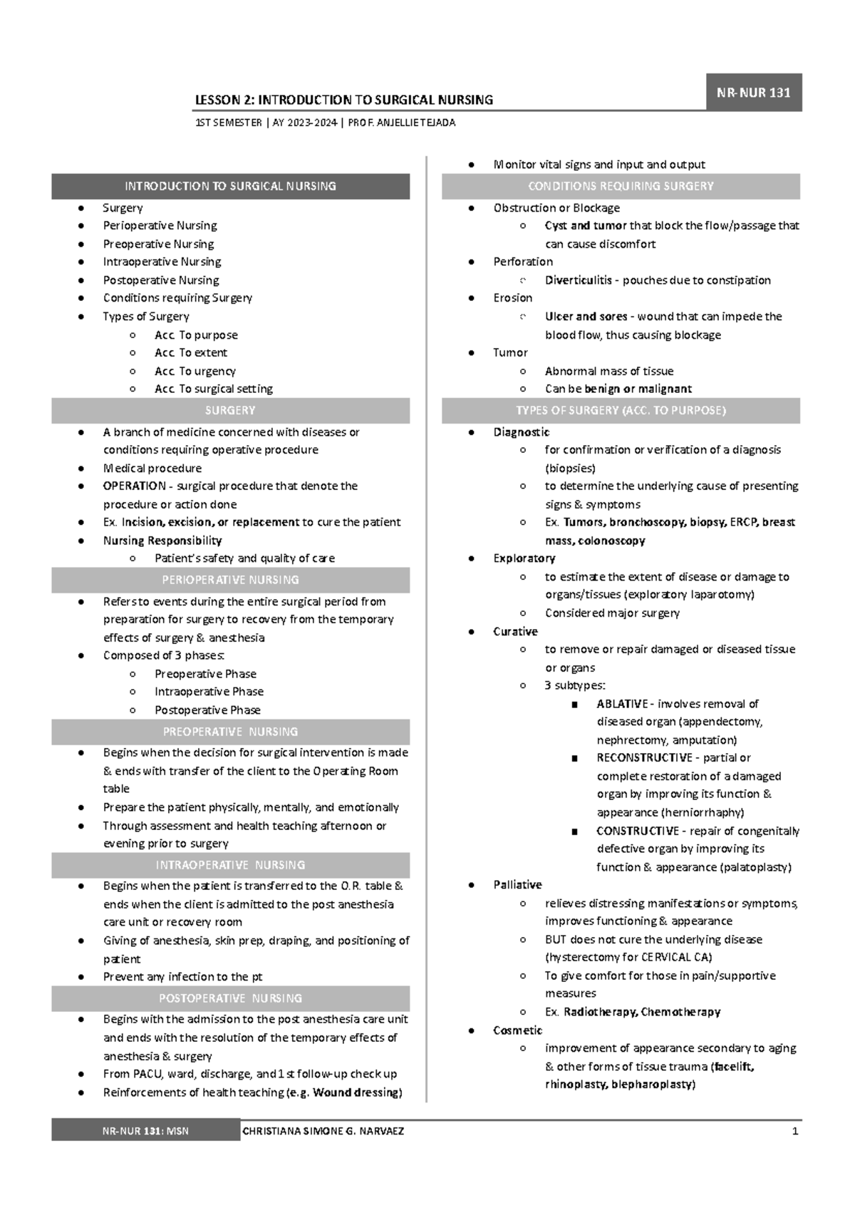 Introduction TO Surgery - LESSON 2: INTRODUCTION TO SURGICAL NURSING NR-NUR 131 1ST SEMESTER ...
