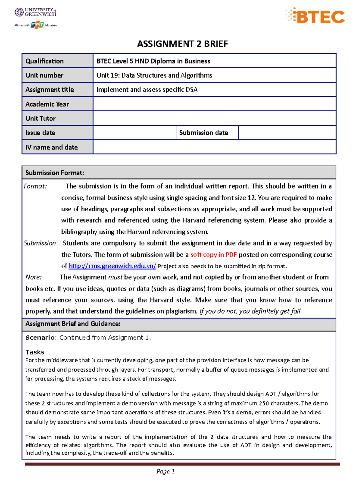 Unit 19 - Assignment brief 2 - ASSIGNMENT 2 BRIEF Qualification BTEC Level 5 HND Diploma in ...