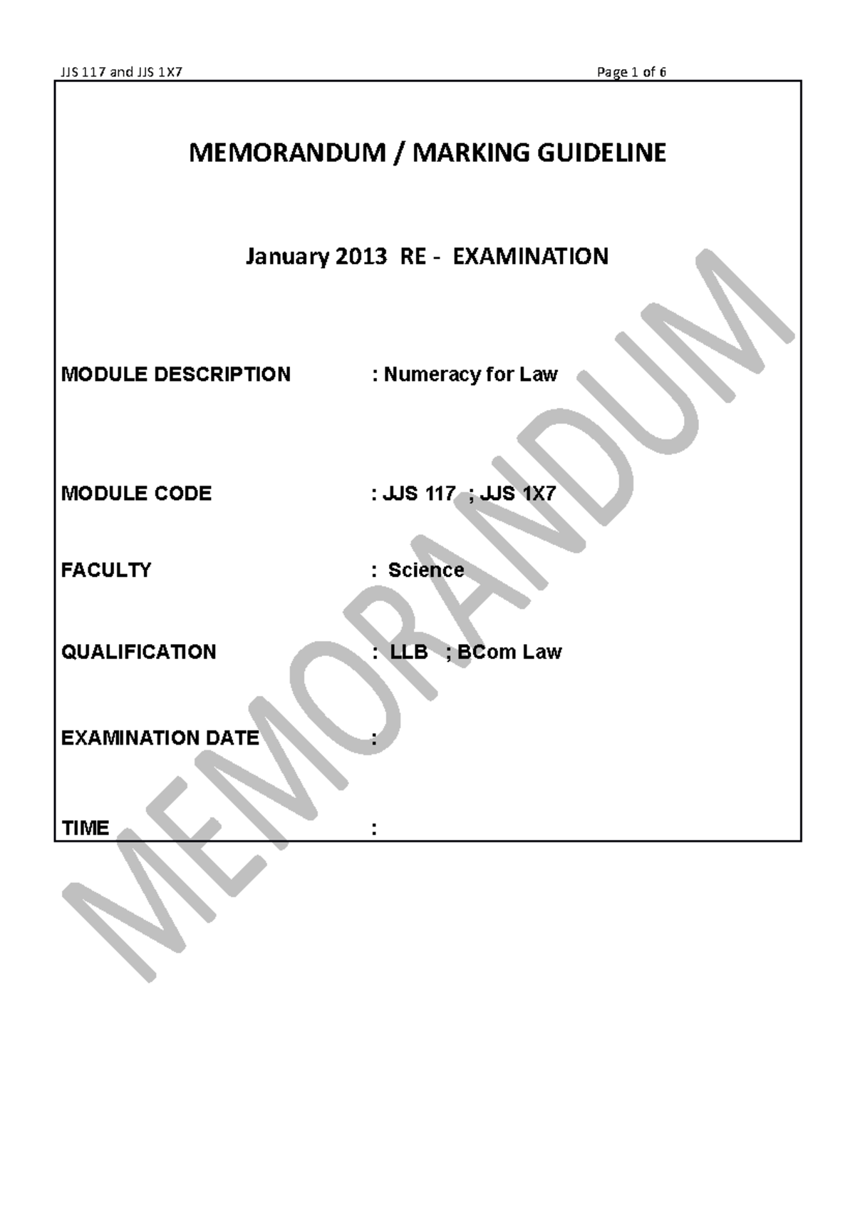Exam January 2013, answers - MEMORANDUM / MARKING GUIDELINE January ...