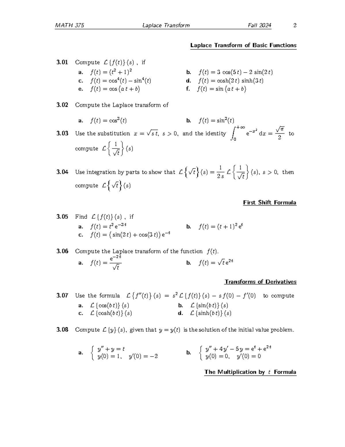 laplace Questions - MATH 375 Laplace Transform Fall 2024 2 Laplace Transform of Basic Functions ...