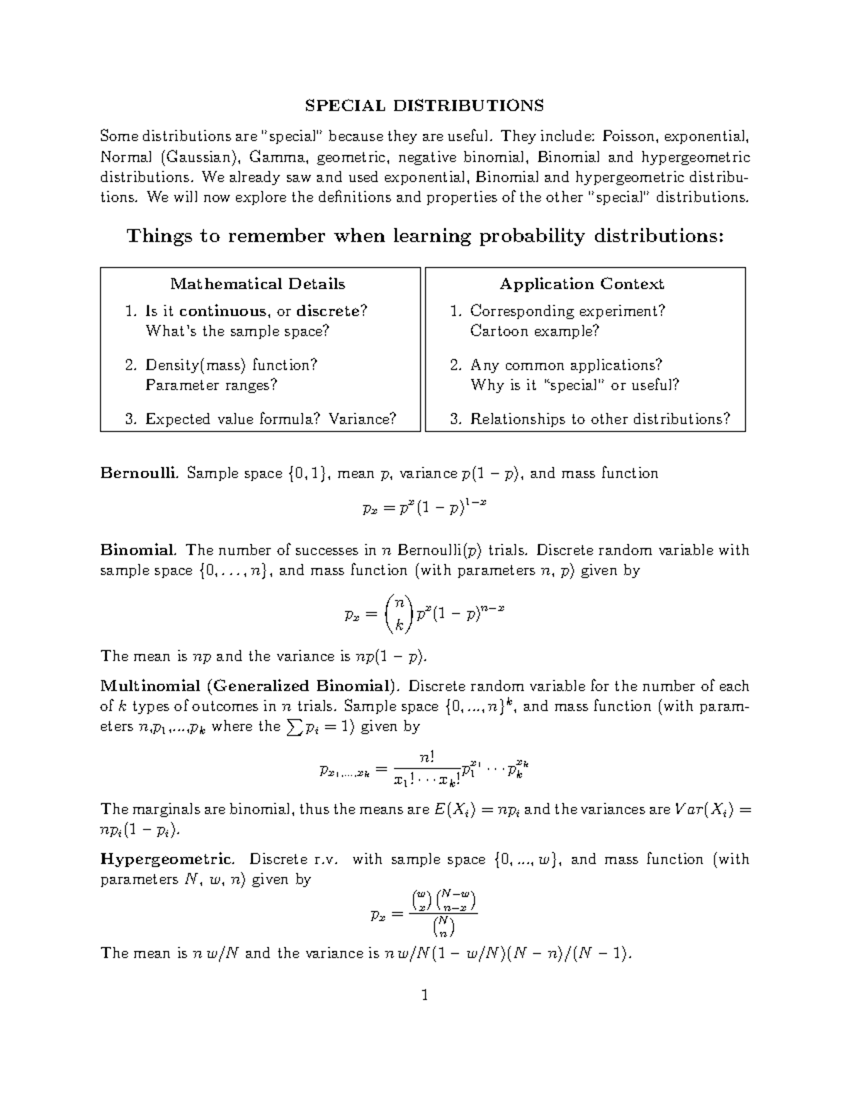 Handout week 12 - SPECIAL DISTRIBUTIONS Some distributions are because ...