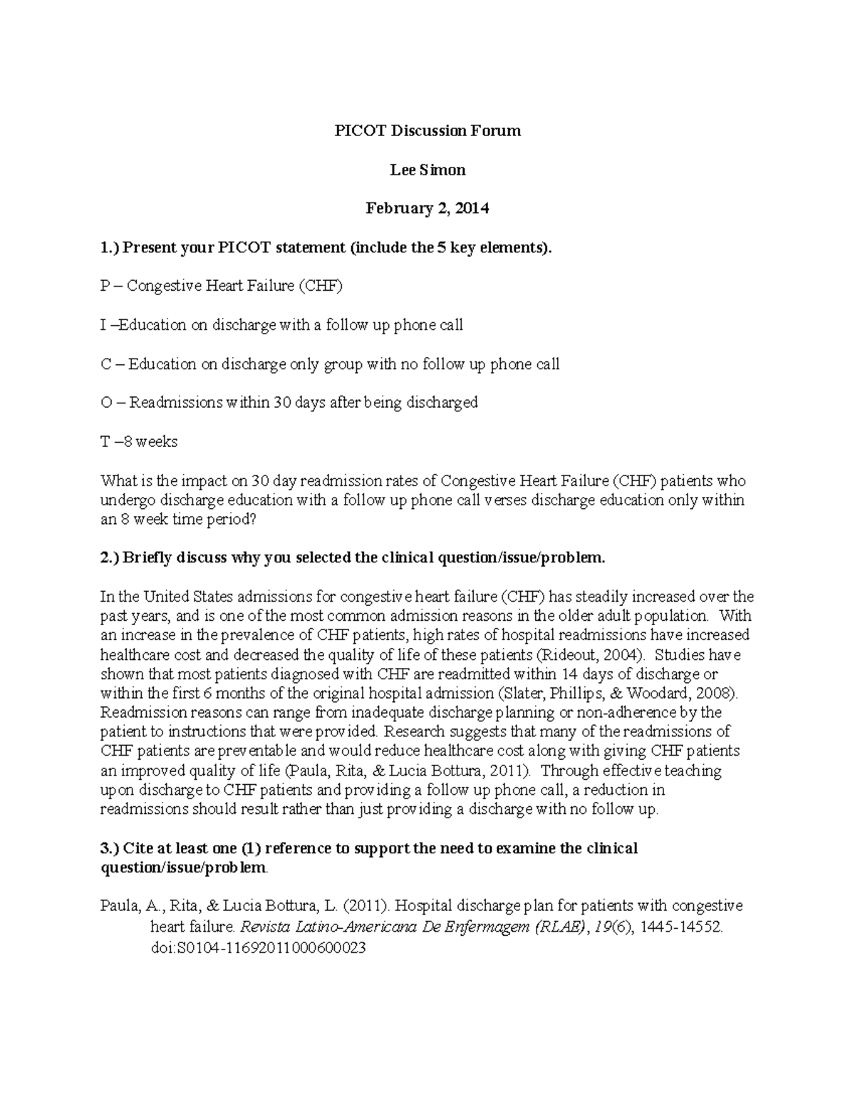 N502 Picotdiscussion,Simon - PICOT Discussion Forum Lee Simon February ...