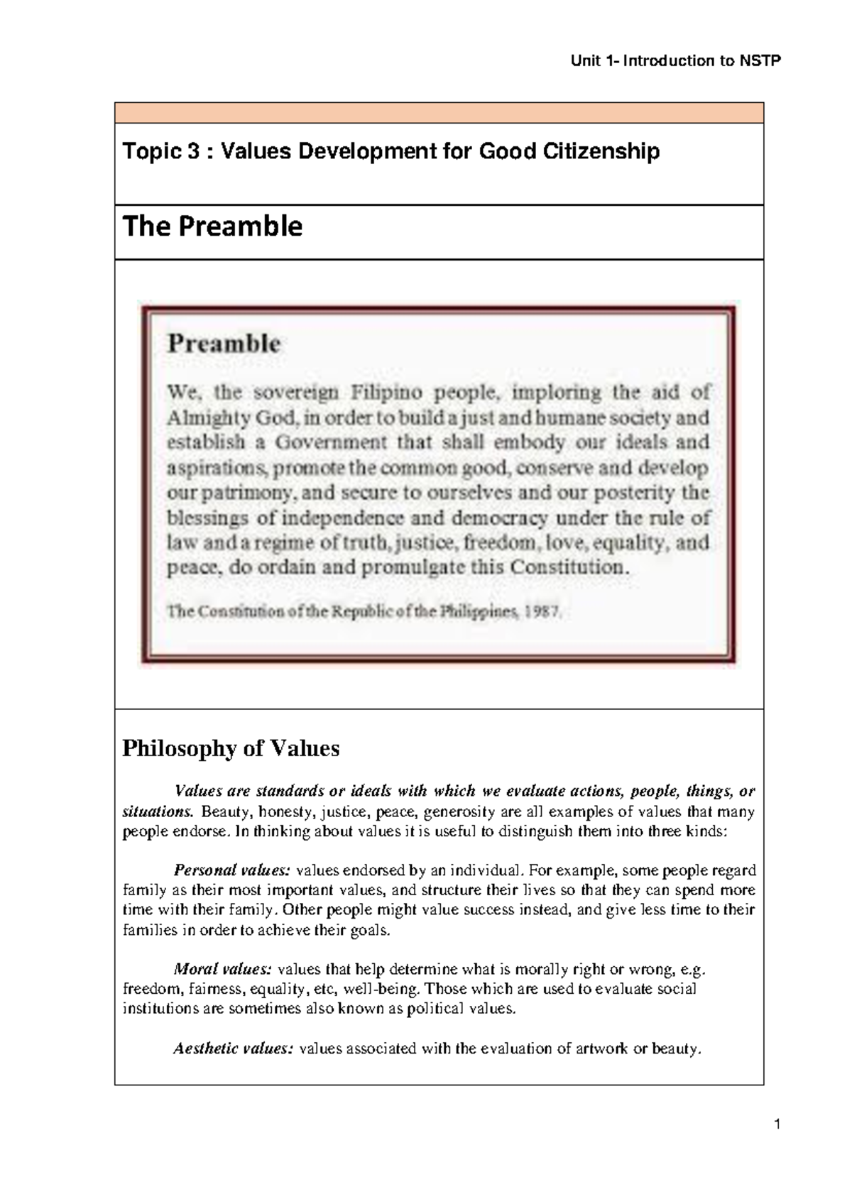 NSTP 1 Topic 3 - DHBWhdjQWSBDBS - Topic 3 : Values Development for Good ...