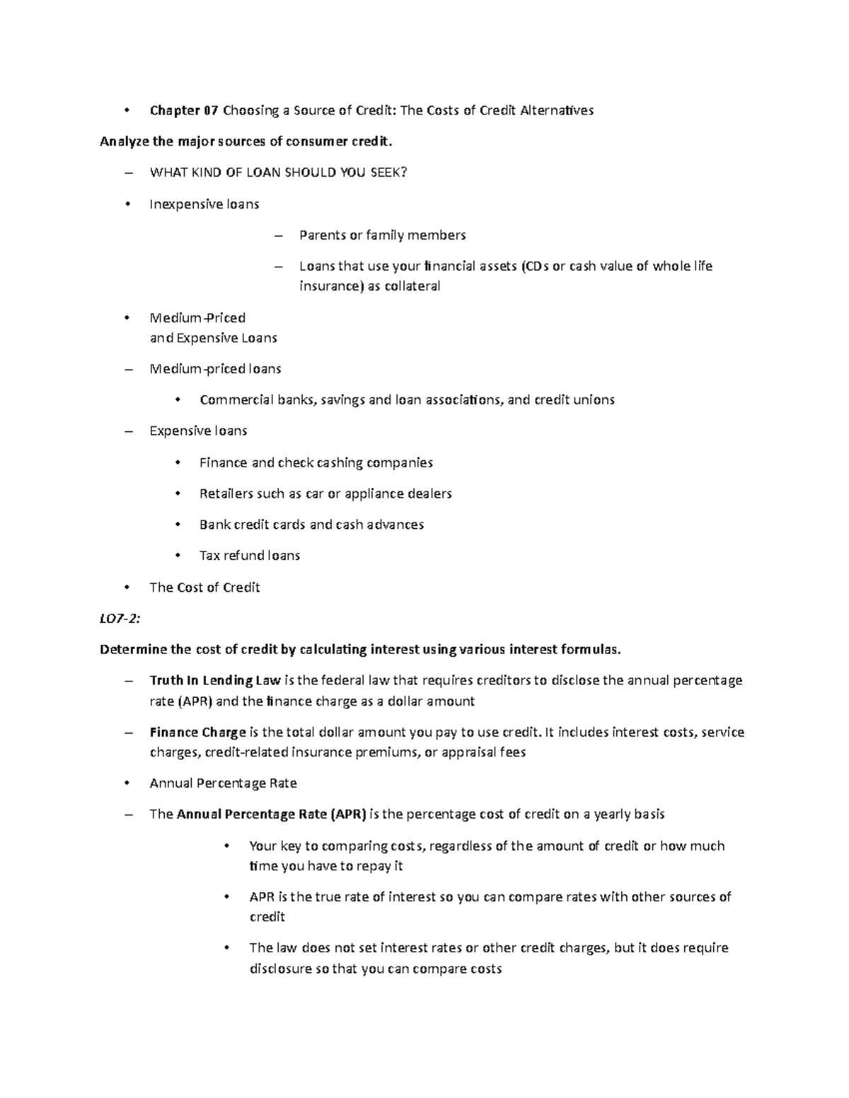 Chapter 7 Notes - Credit Sources - Chapter 07 Choosing a Source of ...