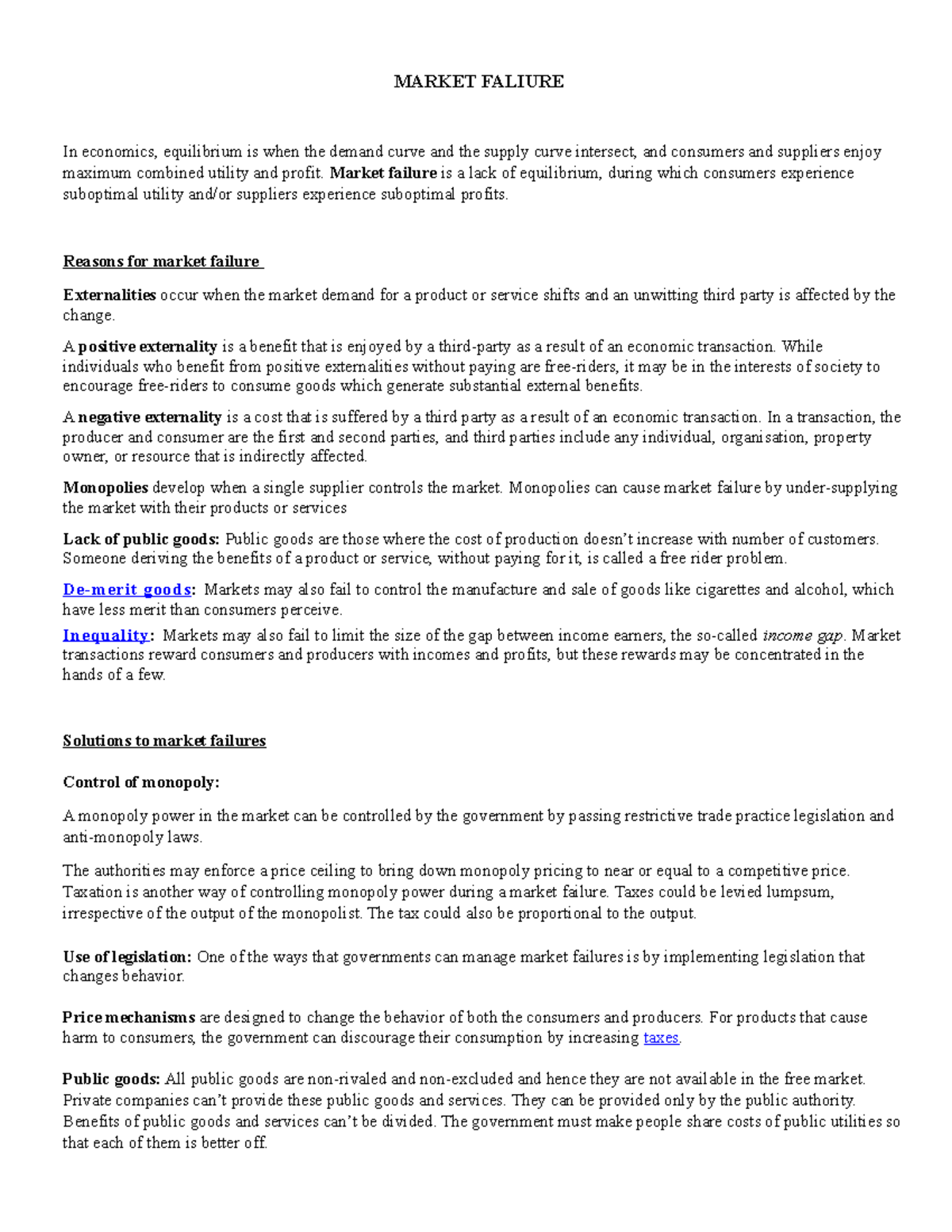 Eco 2 - MARKET FALIURE In economics, equilibrium is when the demand ...
