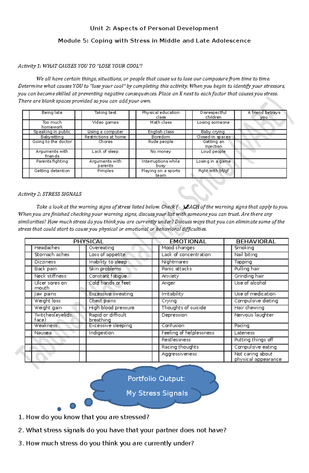 432626299 Personal Dev Activity Stress - Unit 2: Aspects of Personal ...