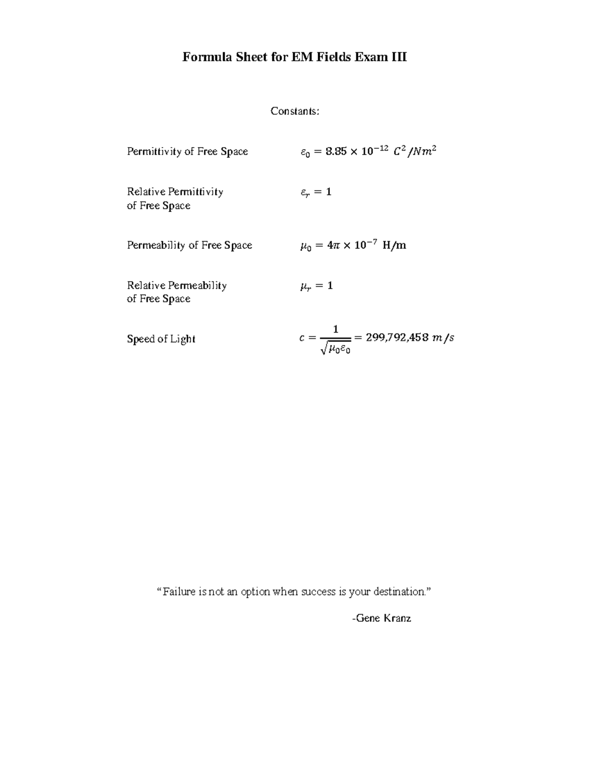 Formula Sheet Warning Tt Undefined Function 32 Formula Sheet For Em Fields Exam Iii