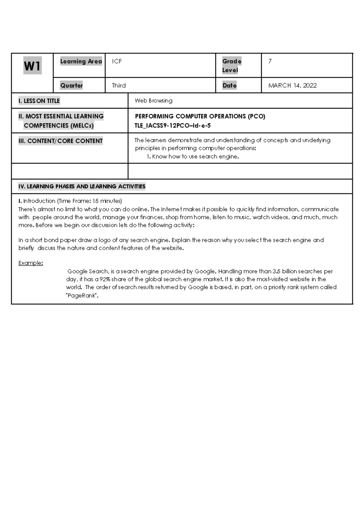 internet computing fundamentals 7 - W Learning Area ICF Grade Level 7 ...