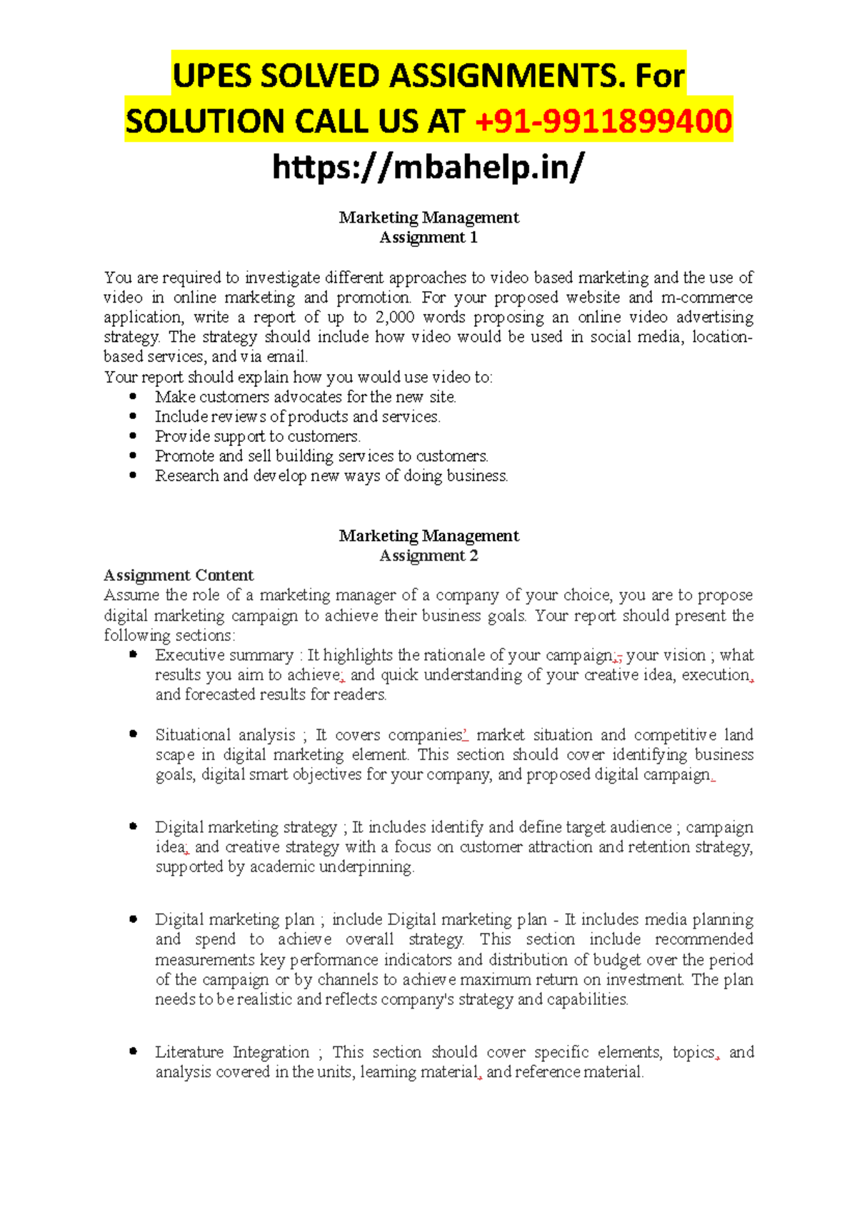 Marketing Management UPES Solved Assignment - UPES SOLVED ASSIGNMENTS. For SOLUTION CALL US AT ...