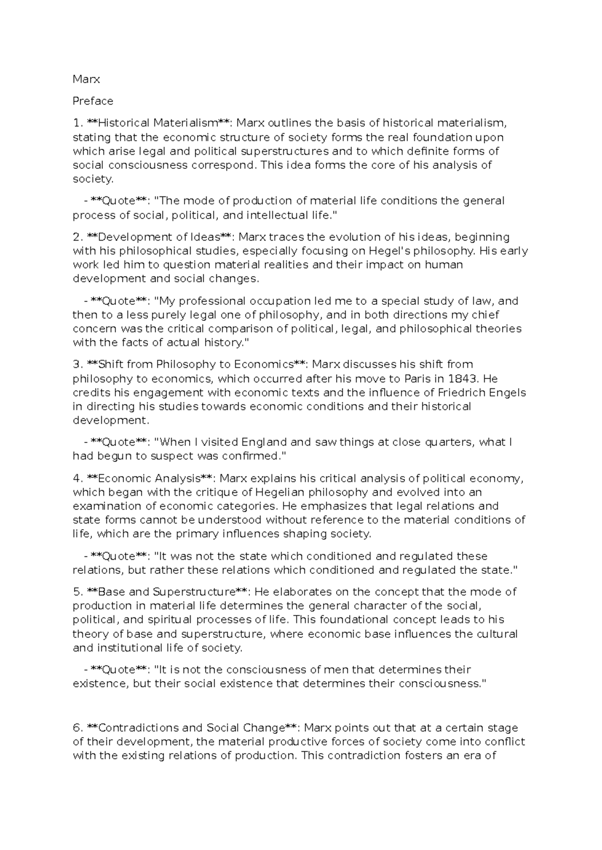 Classical - Marx Preface Historical Materialism: Marx outlines the ...