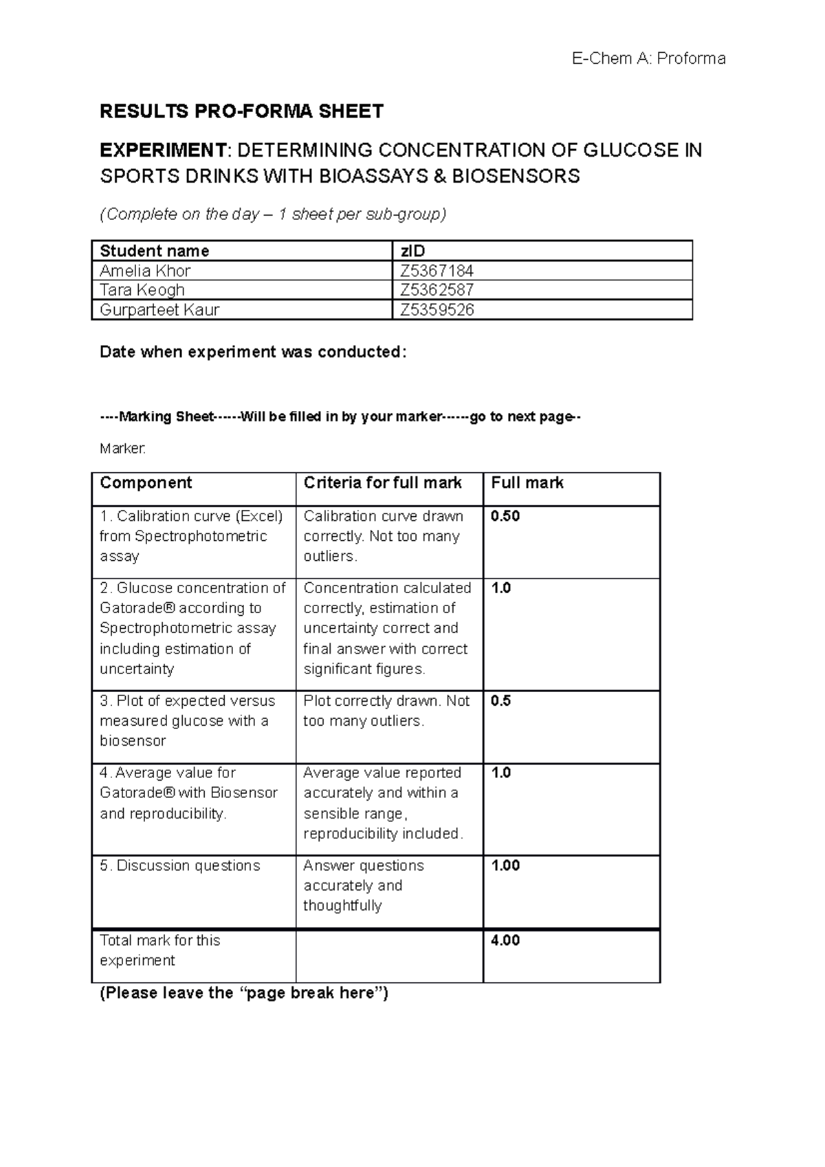 07P glucose Proforma - lab work - RESULTS PRO-FORMA SHEET EXPERIMENT ...