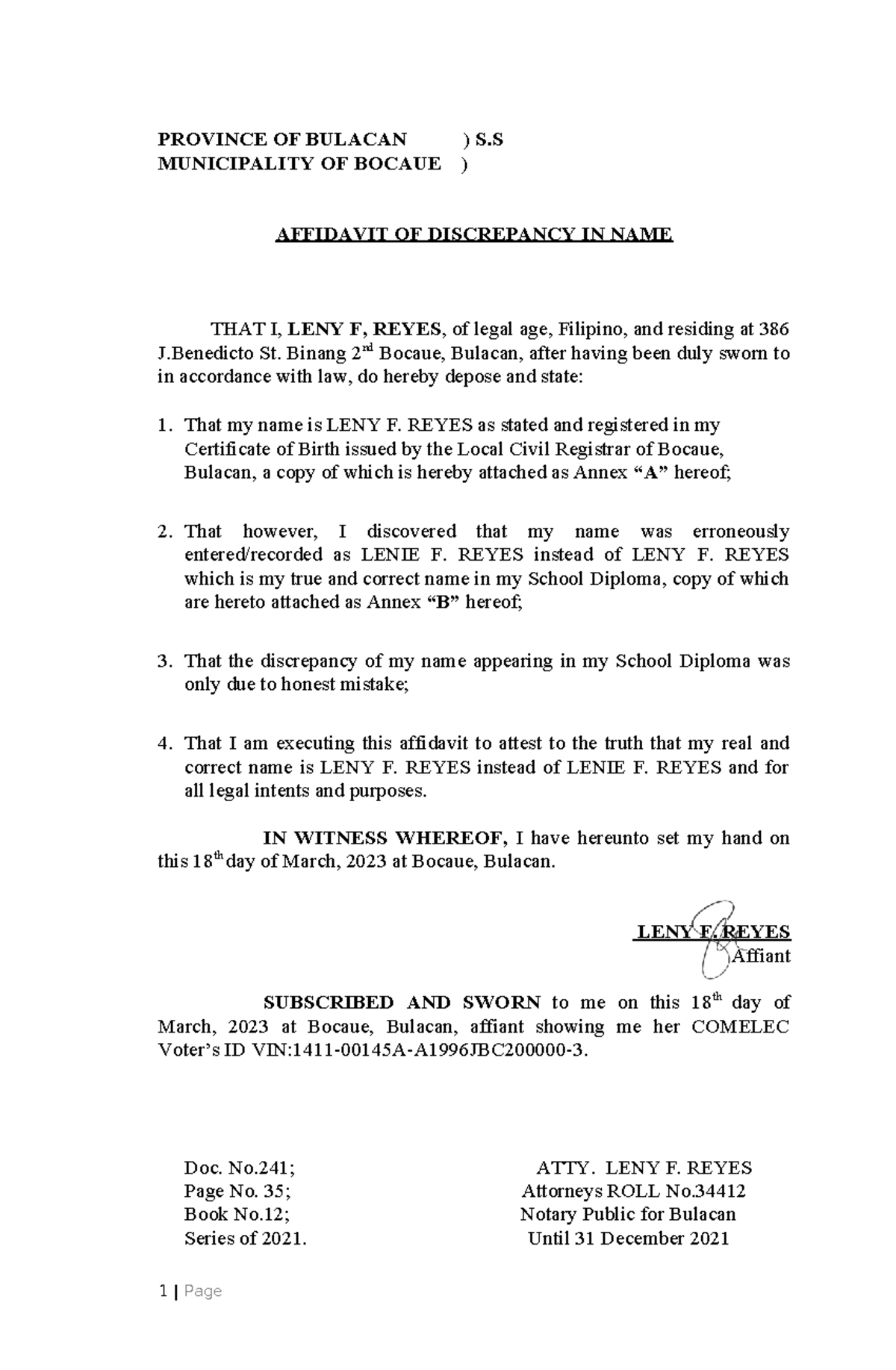 Reyes-Affidavit of Name Dicrepancy - PROVINCE OF BULACAN ) S MUNICIPALITY OF BOCAUE ) AFFIDAVIT ...
