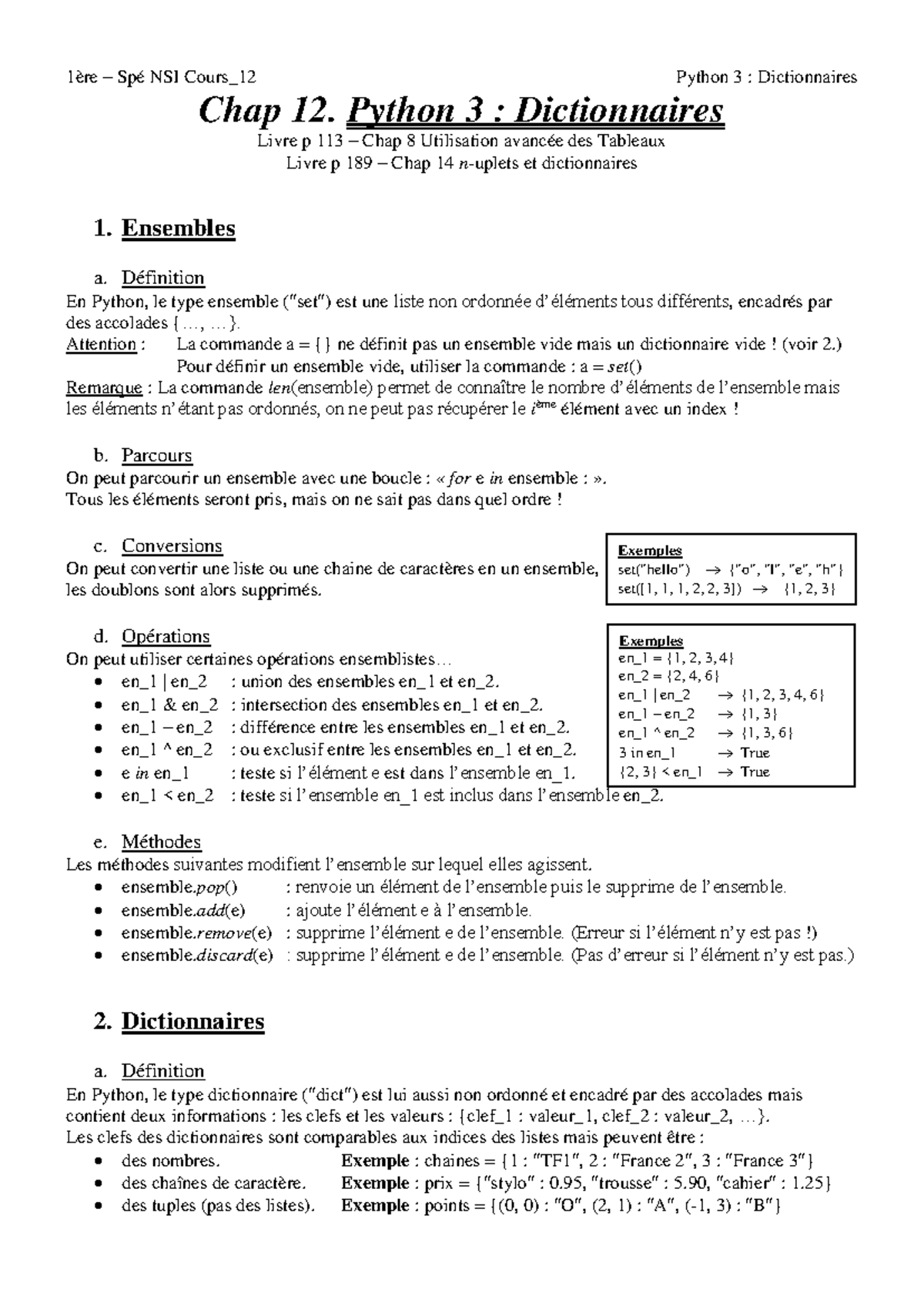 1ère NSI Cours 12 2019 - Dictionnaires - 1ère – Spé NSI Cours_ 12 ...
