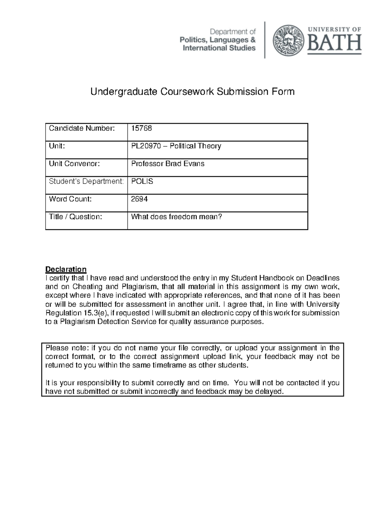 Final Essay (PL20970) - Undergraduate Coursework Submission Form ...