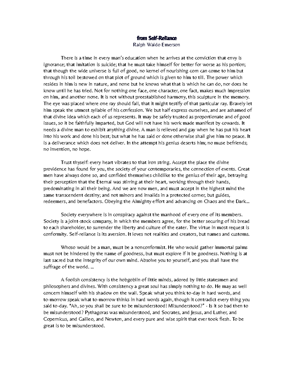 Self Reliance Excerpt - kjb - from Self-Reliance Ralph Waldo Emerson ...