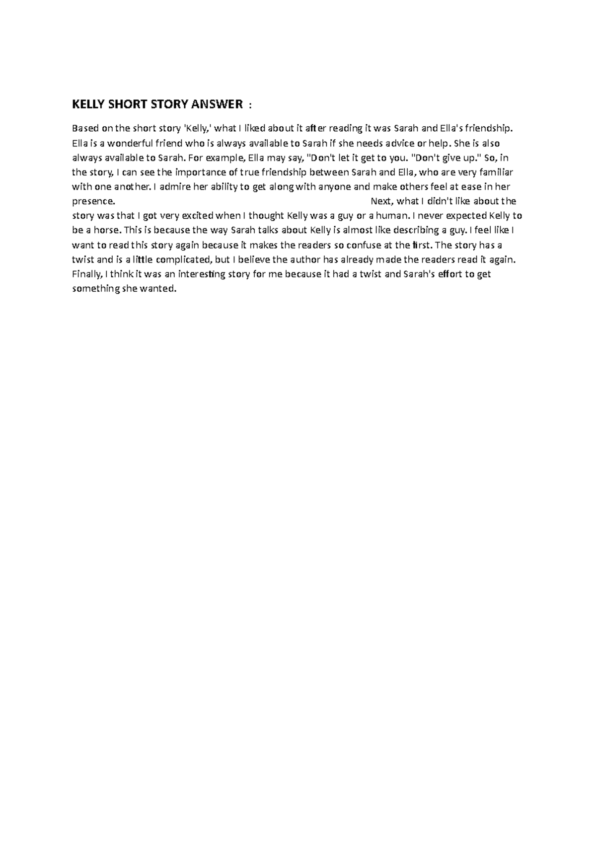 Kelly Short Story Answer - KELLY SHORT STORY ANSWER : Based on the ...