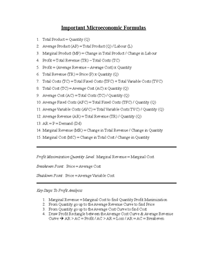 Formula Sheet - Important Microeconomic Formulas 1. Total Product ...
