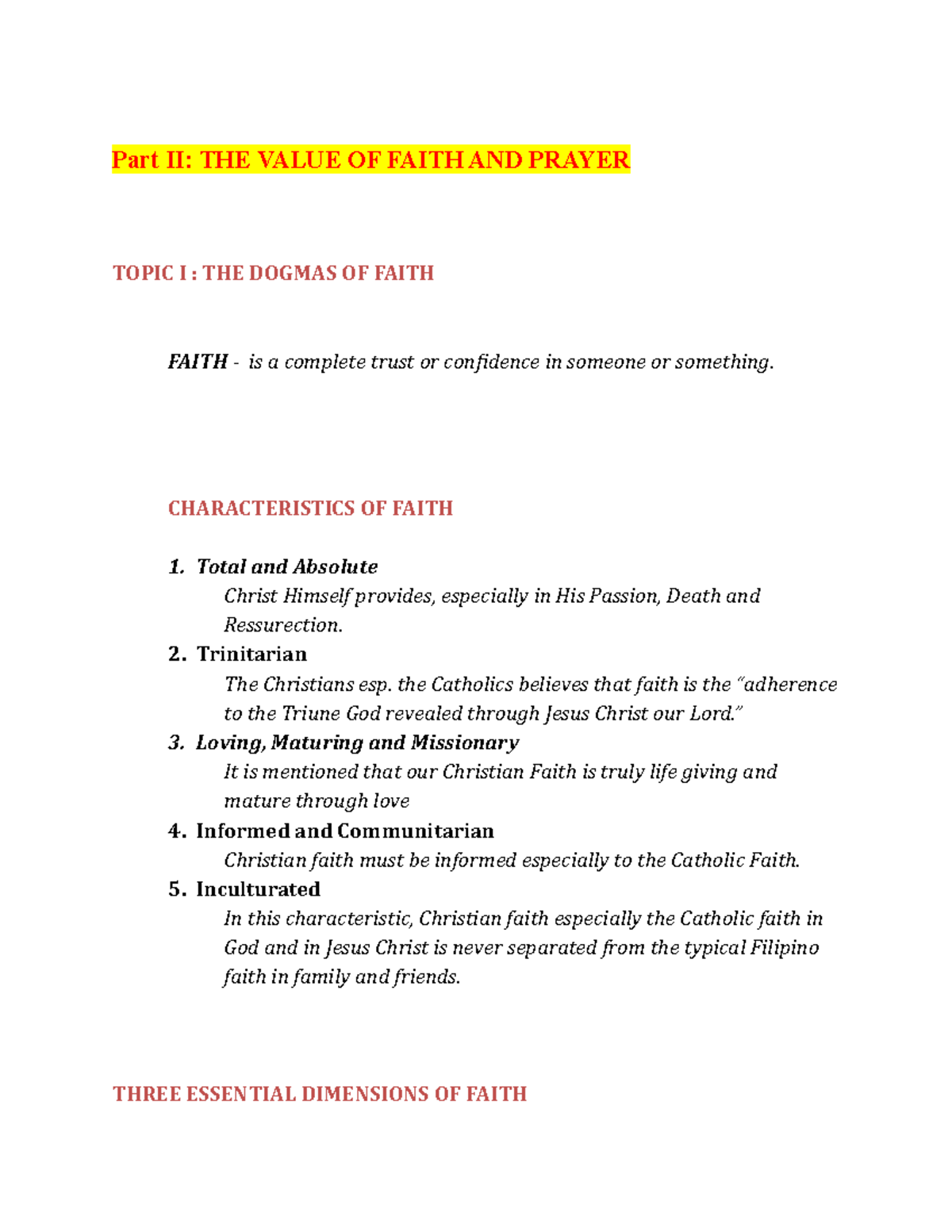 PARTll-THE Value OF Faith AND Prayer - Part II: THE VALUE OF FAITH AND ...