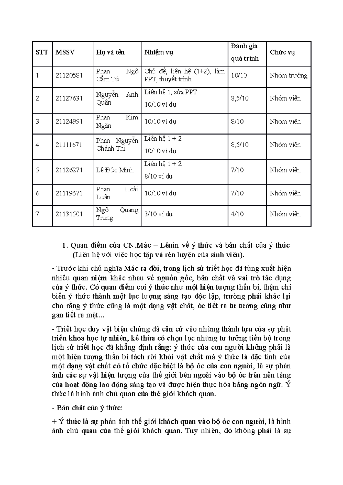 BẢN CHẤT Ý THỨC-MQH BIỆN CHỨNG VẬT CHẤT VÀ Ý THỨC - STT MSSV Họ và tên ...