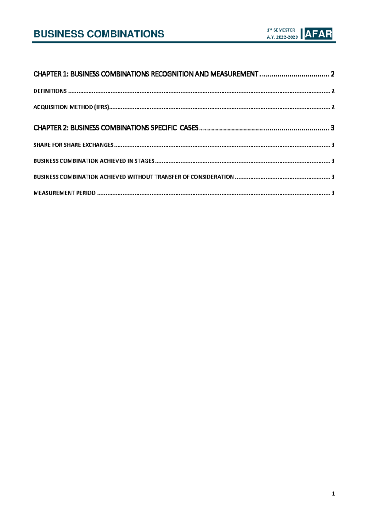 Business Combinations - BUSINESS COMBINATIONS AFAR - A. 2022- 1 ST ...