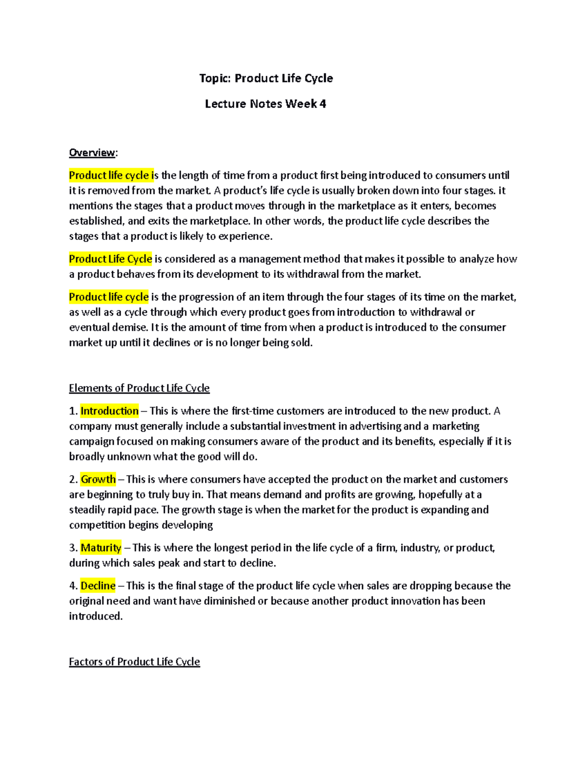 Product Life Cycle - Topic: Product Life Cycle Lecture Notes Week 4 ...