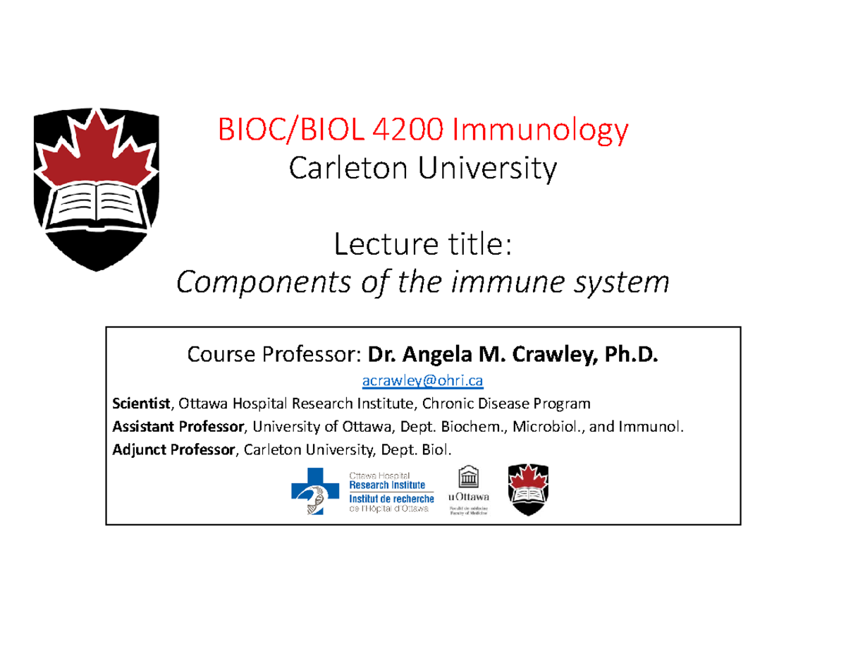 Components of the immune system lec 2 - BIOC/BIOL 4200 Immunology ...