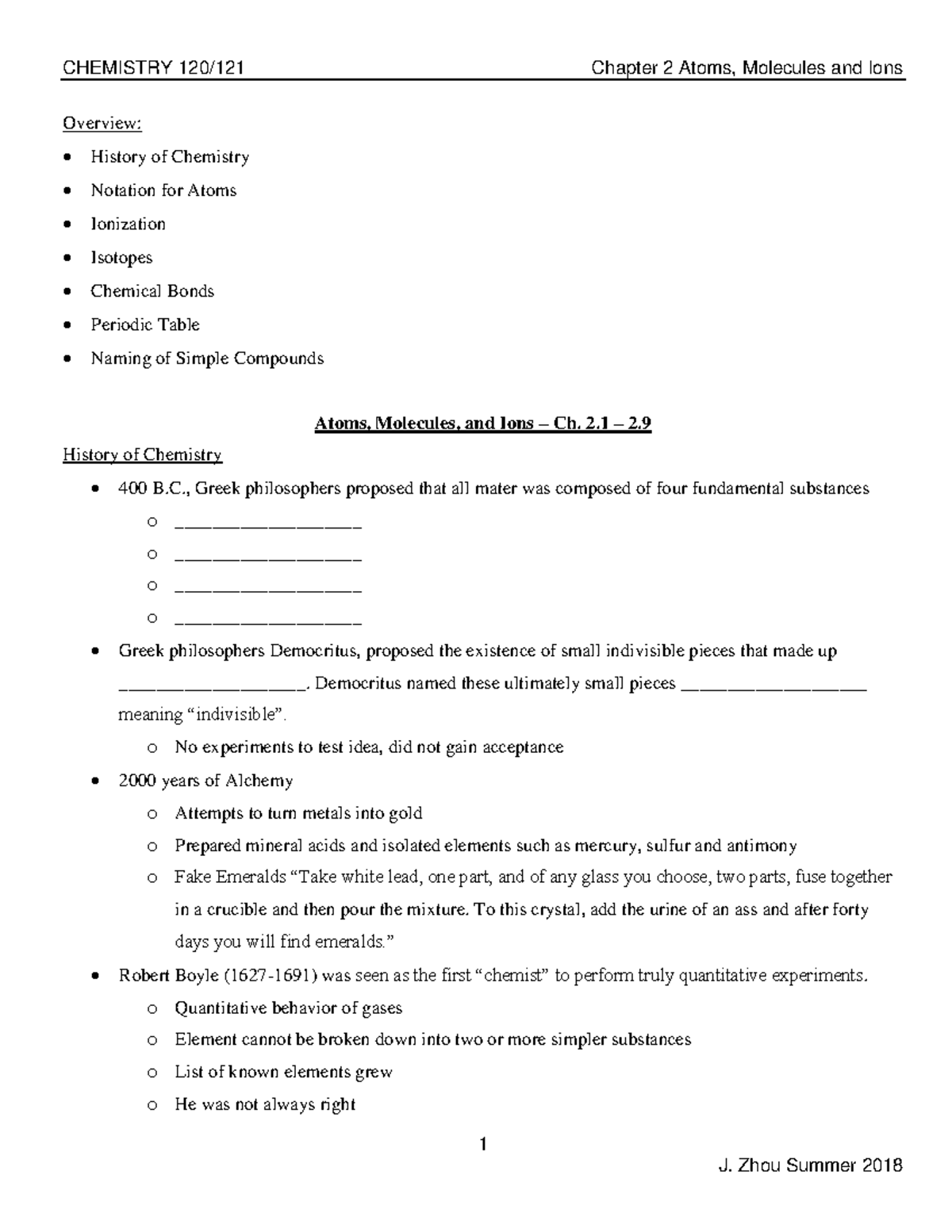 Chapter 2 Atoms, Molecules, and Ions - CHEMISTRY 120/121 Chapter 2 ...