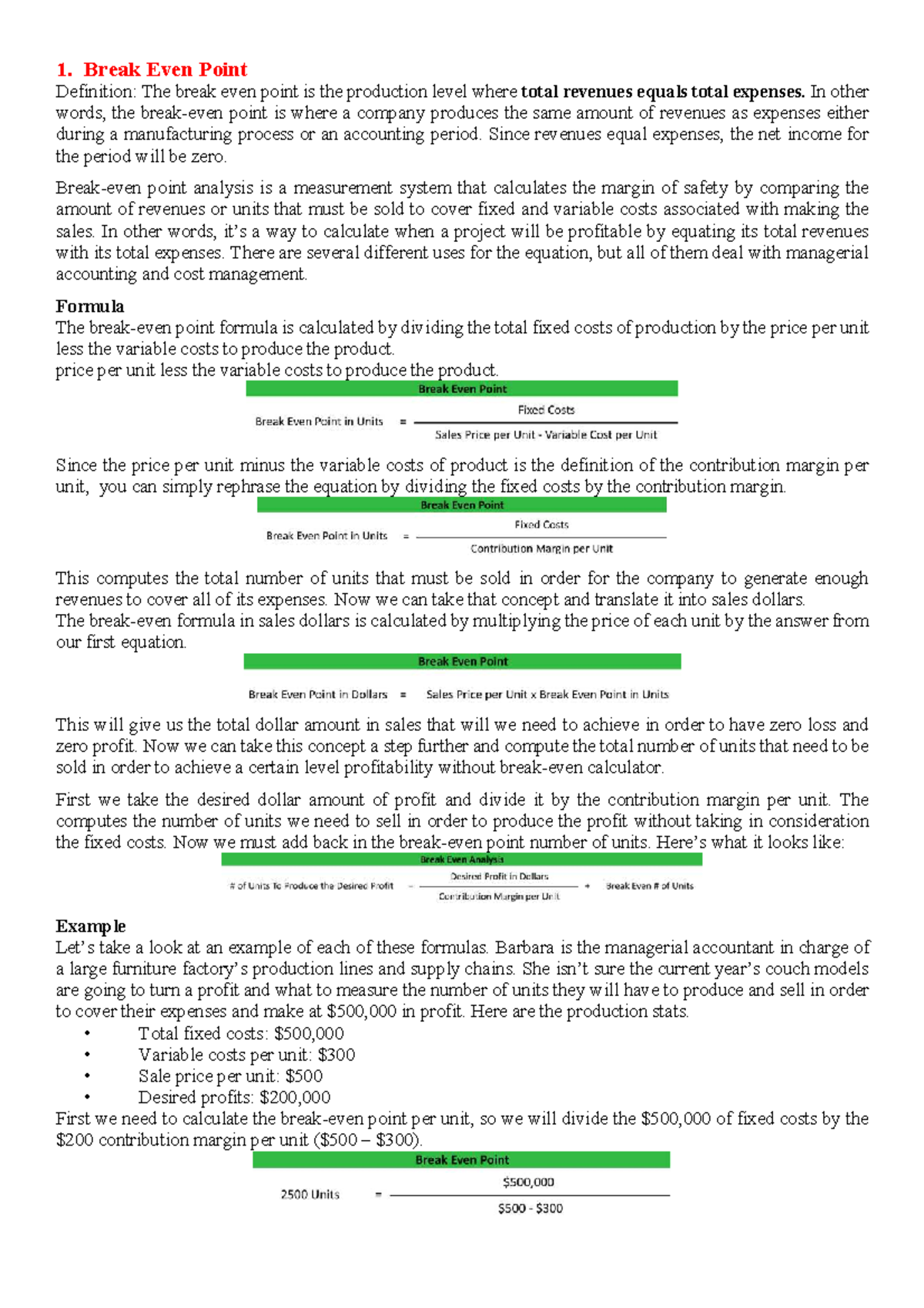 L2 Break Even Point + DOL, DFL, DCL - 1. Break Even Point Definition ...