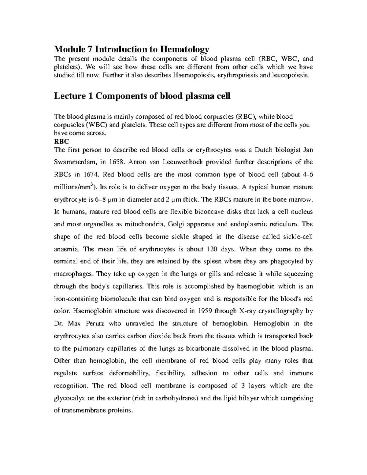 Mod7 - CELL BIOLOGY - Module 7 Introduction to Hematology The present ...
