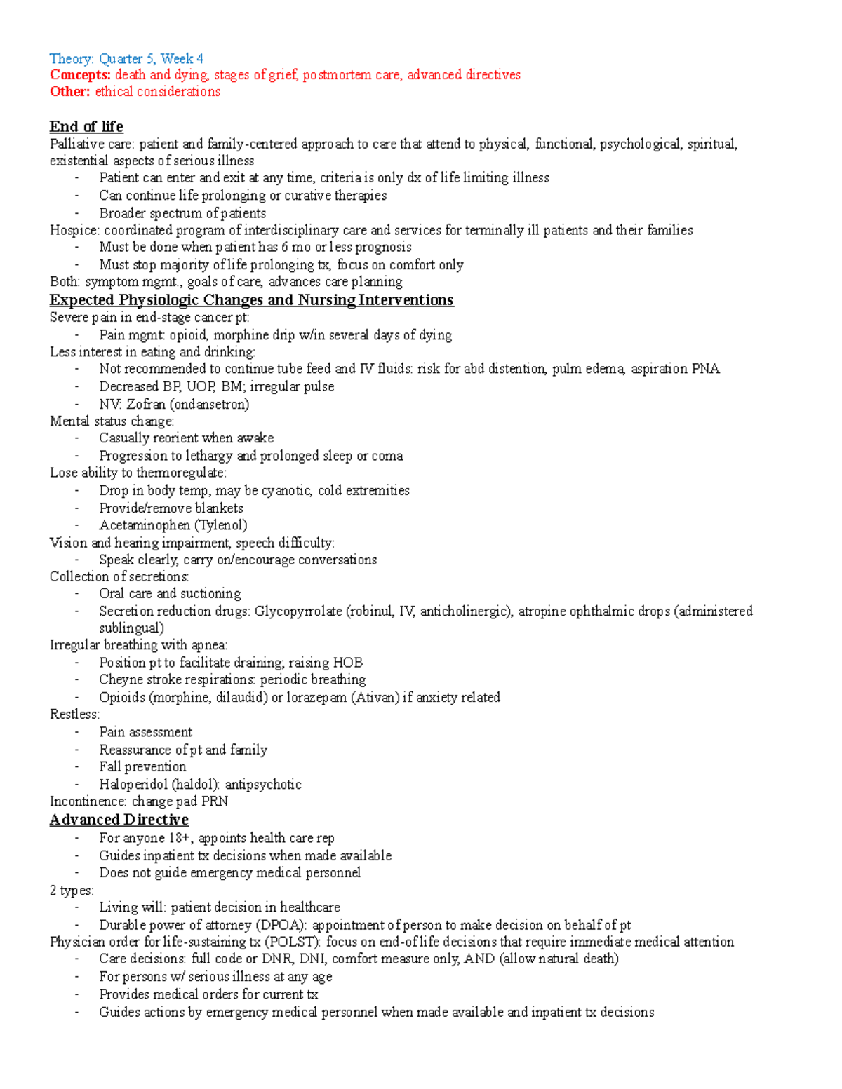 Week 4 - lecture notes - Theory: Quarter 5, Week 4 Concepts: death and ...