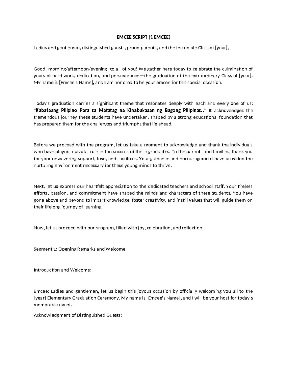 1 Emcee Script - n/a - EMCEE SCRIPT (1 EMCEE) Ladies and gentlemen ...
