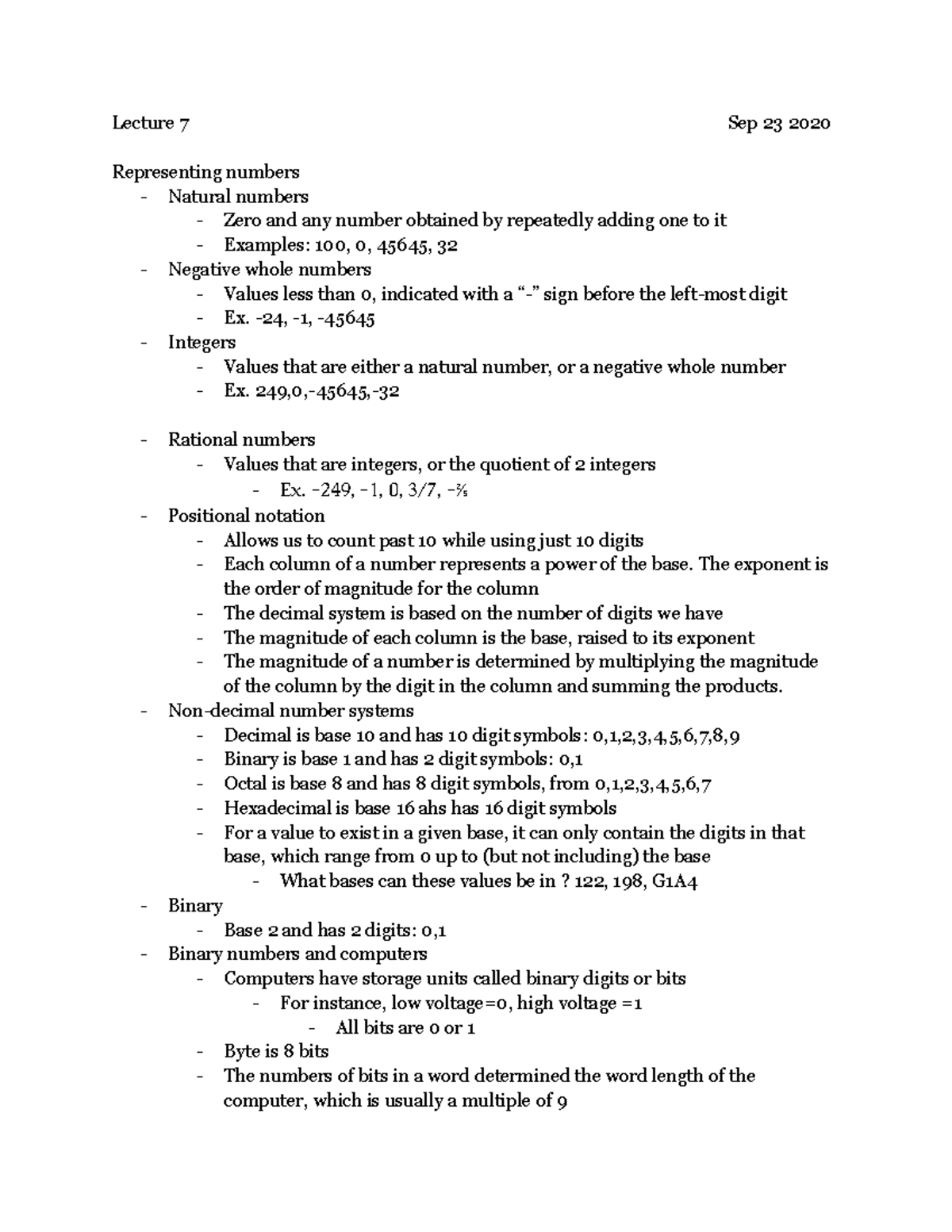 Cs Class 7 Lecture 7 Sep 23 2020 Representing Numbers Natural Numbers Zero And Any Number