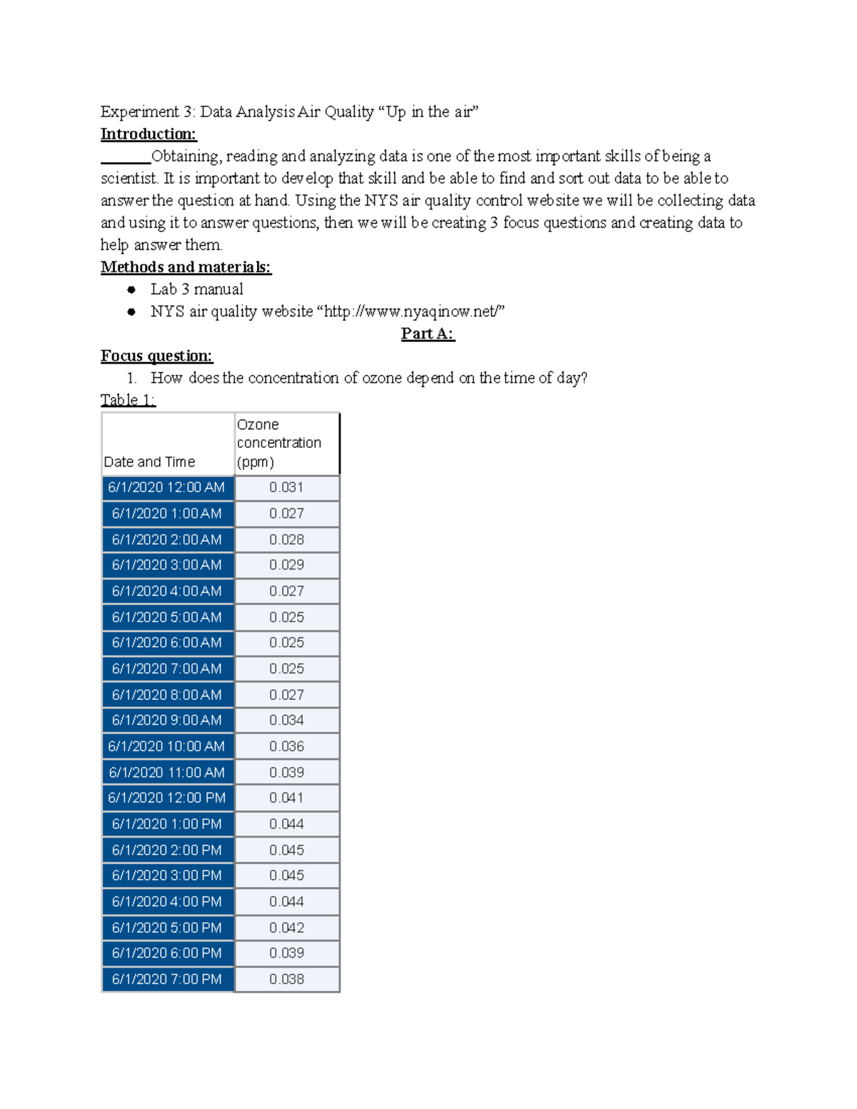 Lab 3 - chem 106 lab - Experiment 3: Data Analysis Air Quality “Up in ...