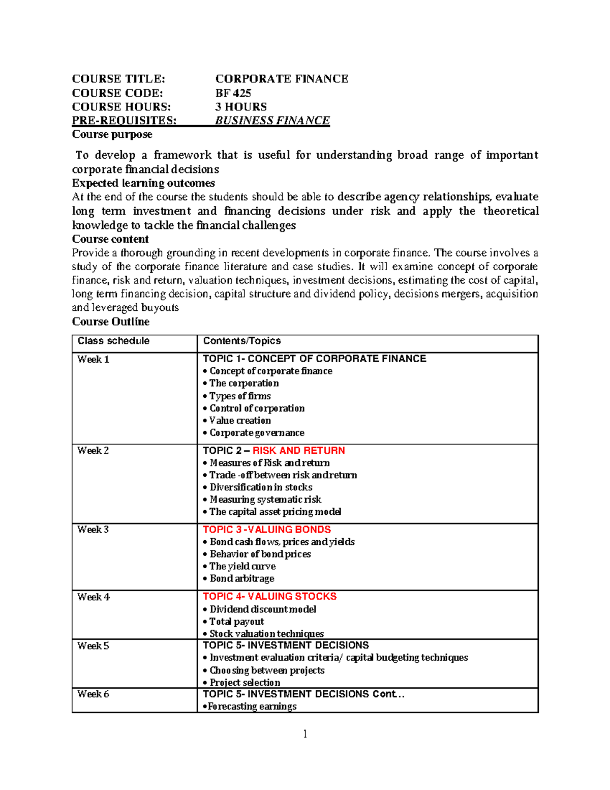 Course Outline - Financial Management - 1 COURSE TITLE: CORPORATE ...