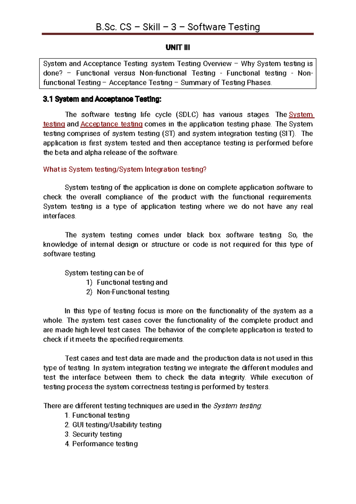 CS Skill-3 ST Unit -3 - Lecture notes - UNIT III System and Acceptance ...