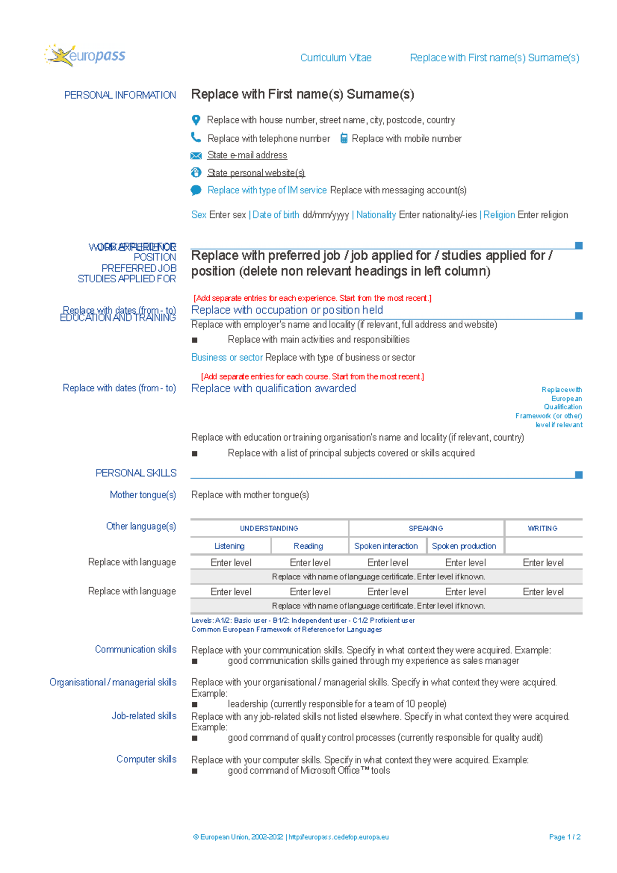 2020.11.13 appendix 2 - europass cv en - Curriculum Vitae Replace with ...
