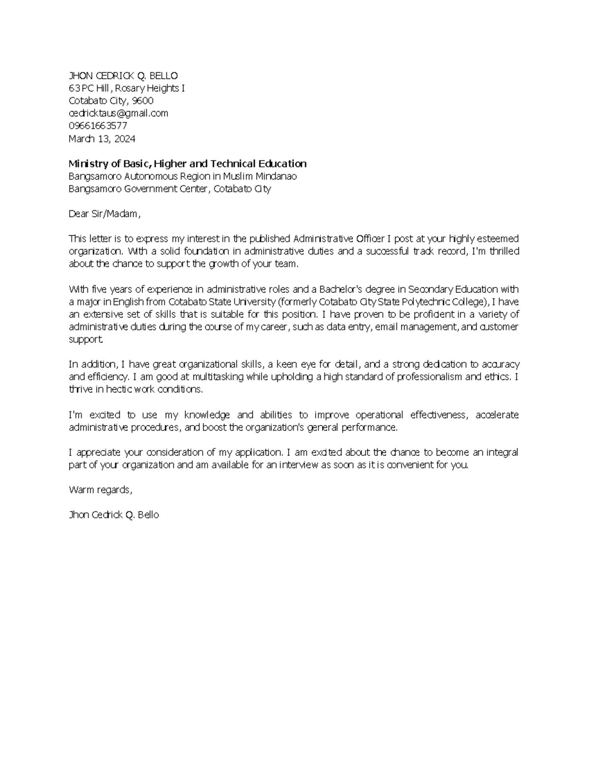 Application Letter Mbhte - JHON CEDRICK Q. BELLO 63 PC Hill, Rosary ...