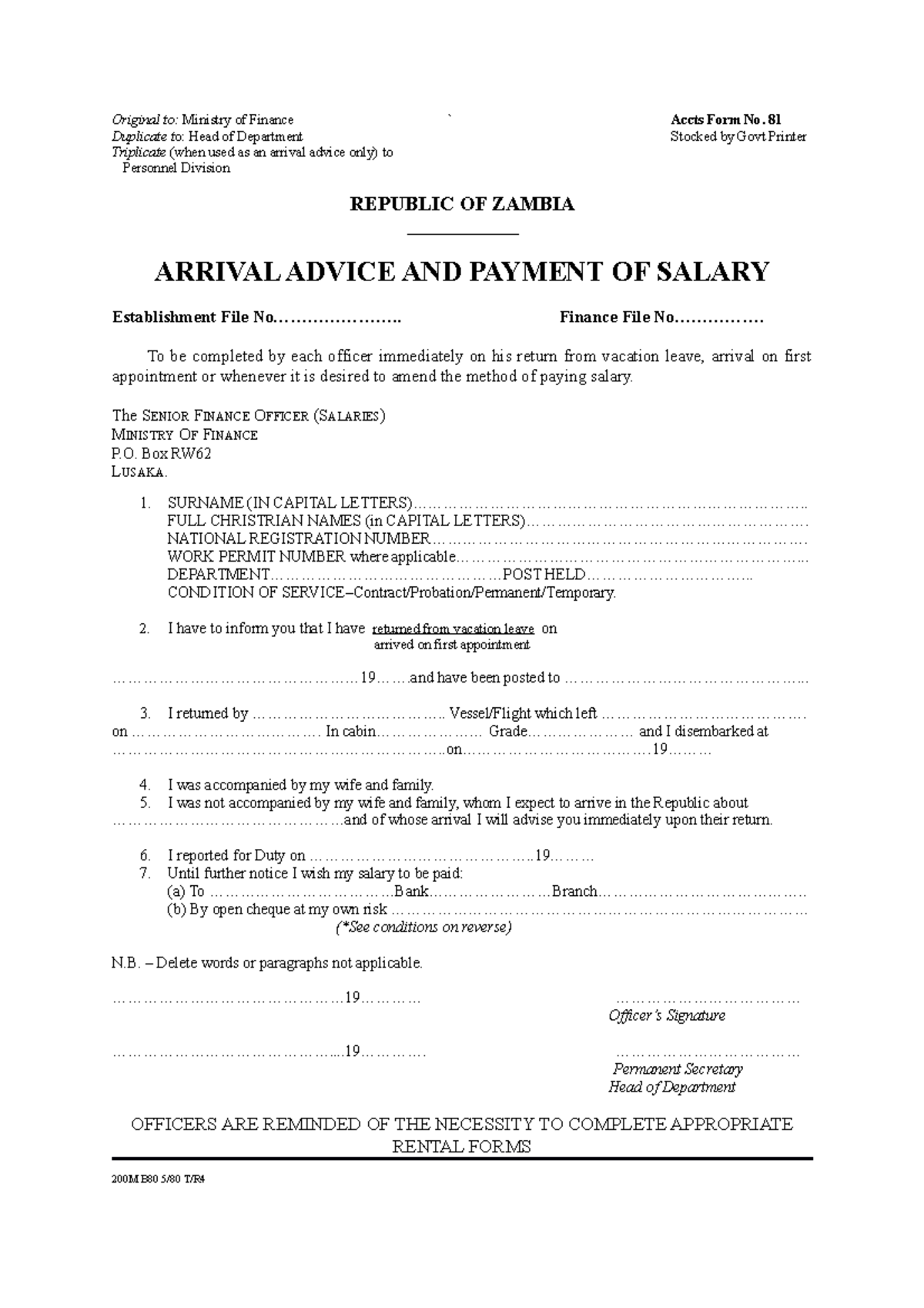 Arrival Advice - Original to: Ministry of Finance ` Accts Form No. 81 ...