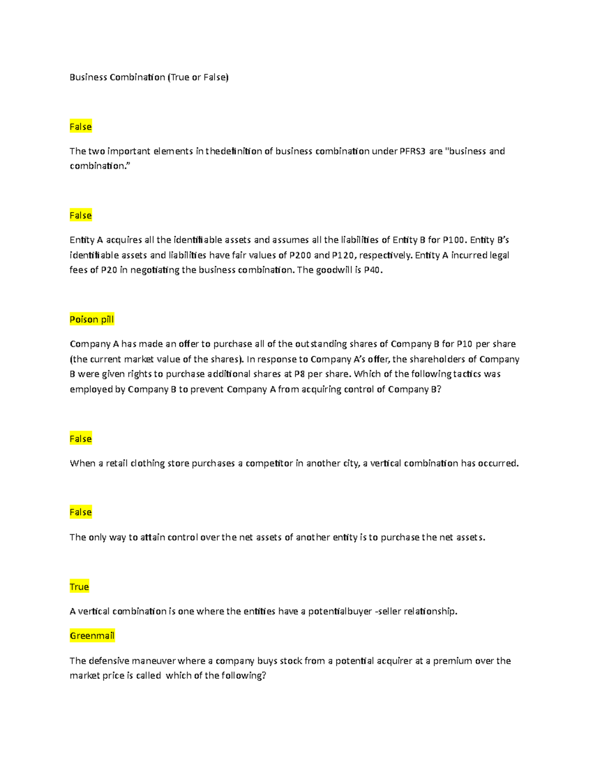 Business Combination Part 1 (True or False) - Business Combination ...