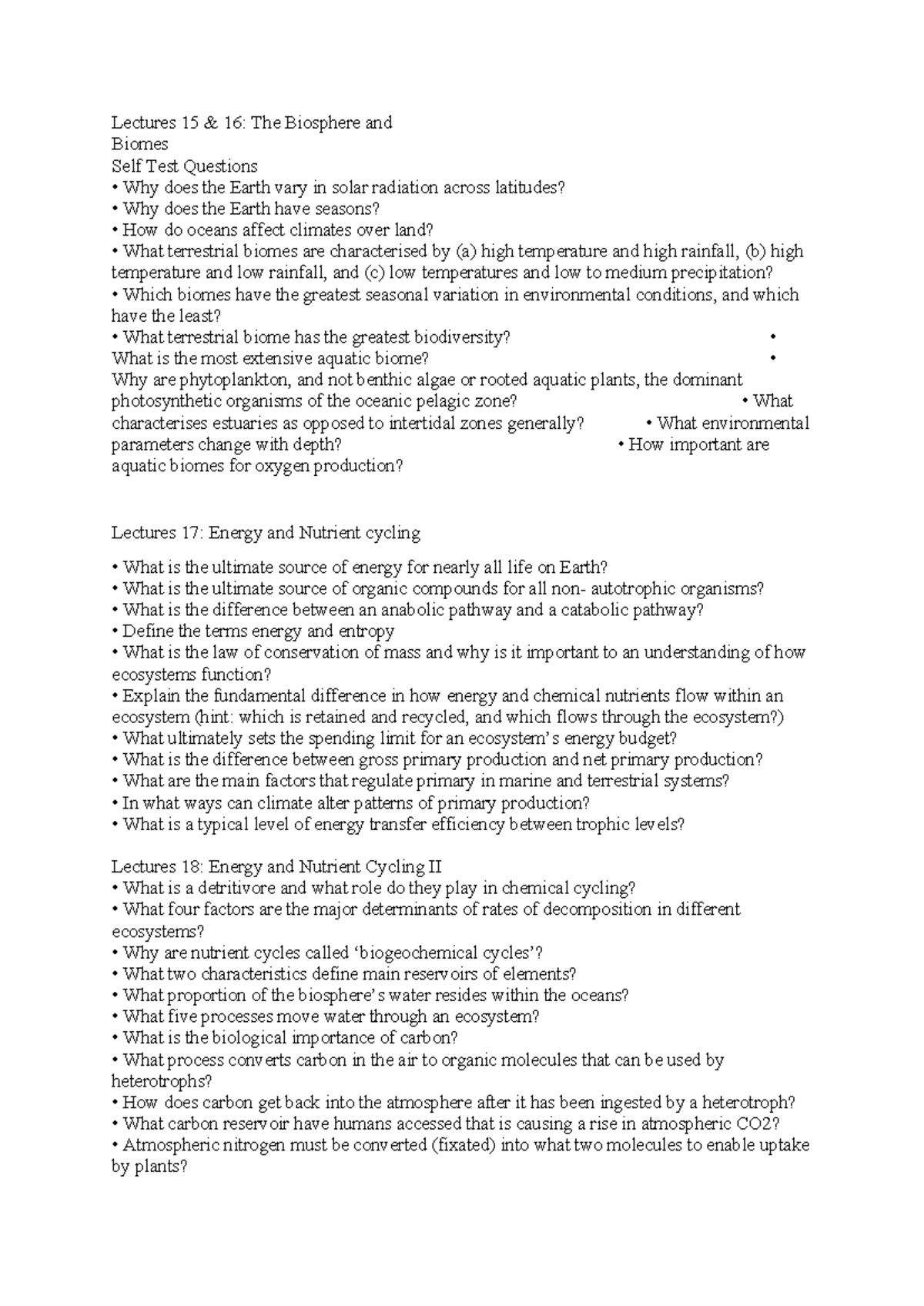 Animals and environment self test questions - Lectures 15 & 16: The ...