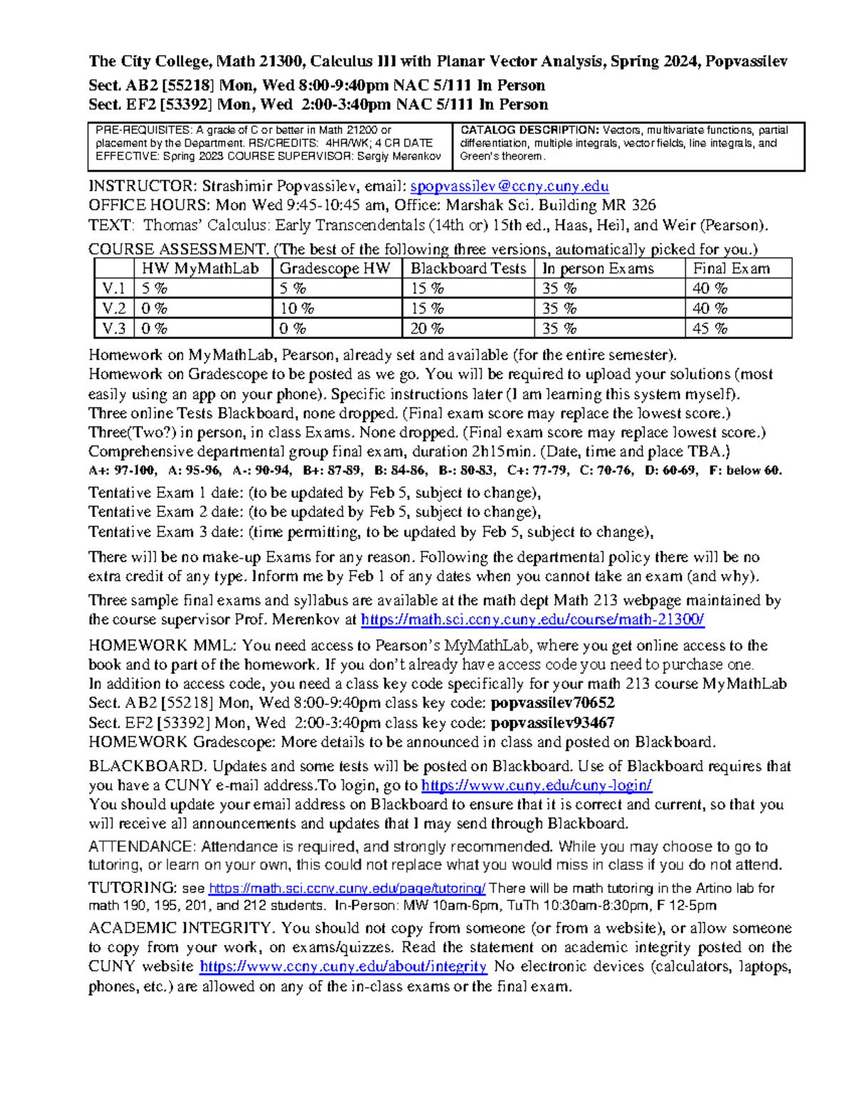 CALC 3 Syllabus - Practice - The City College, Math 2 13 00, Calculus ...