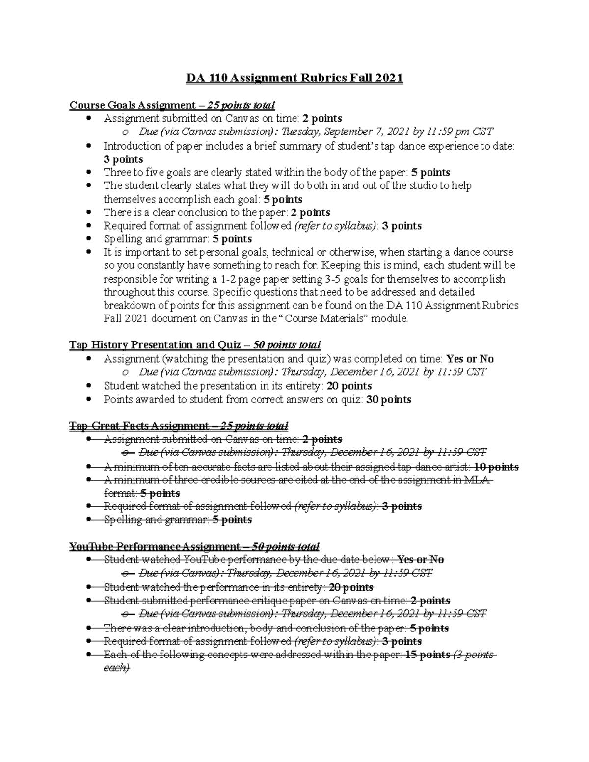 DA 110 Assignment Rubrics Fall 2021 - DA 110 Assignment Rubrics Fall ...