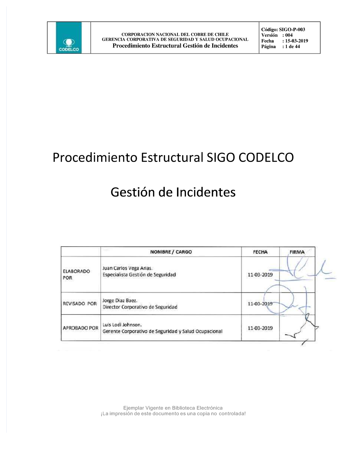 Procedimiento SIGO Gestión de Incidentes v4 - CORPORACION NACIONAL DEL ...