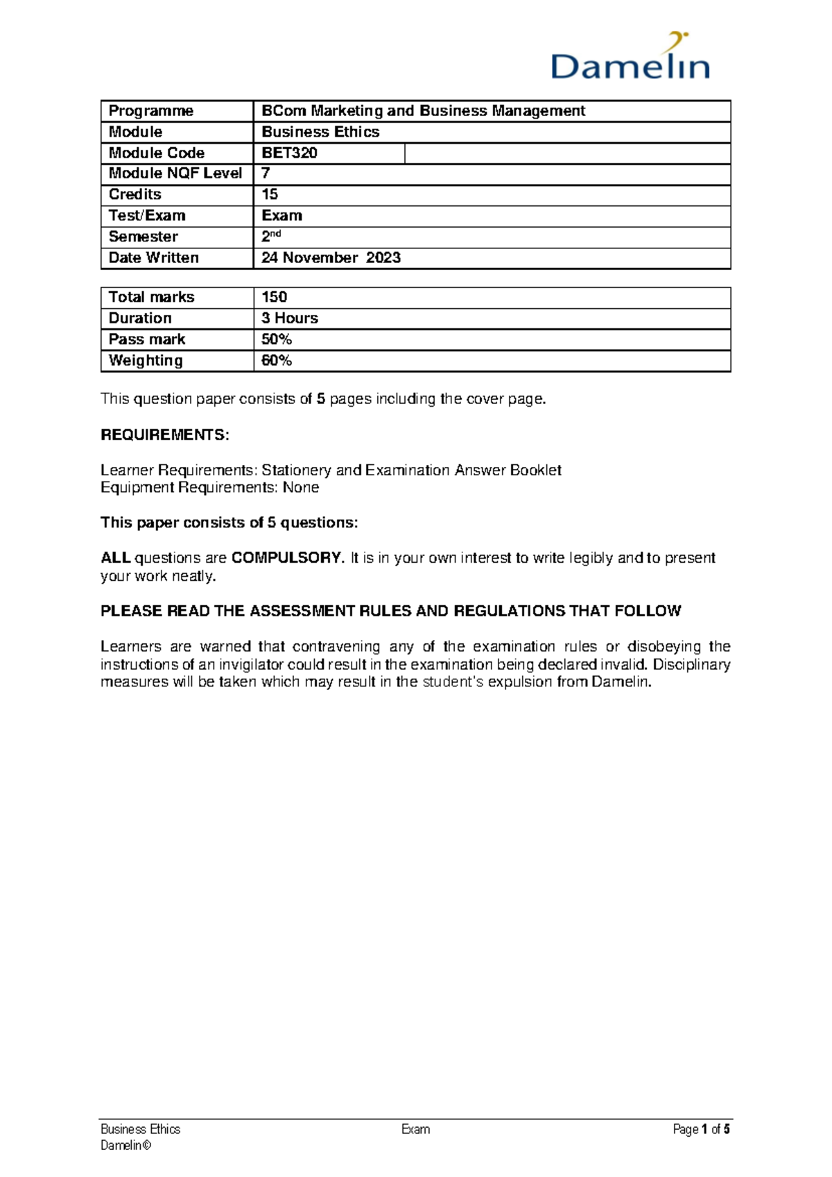 BCom MBM Business Ethics Year 3 - Business Ethics Exam Page 1 of 5 ...
