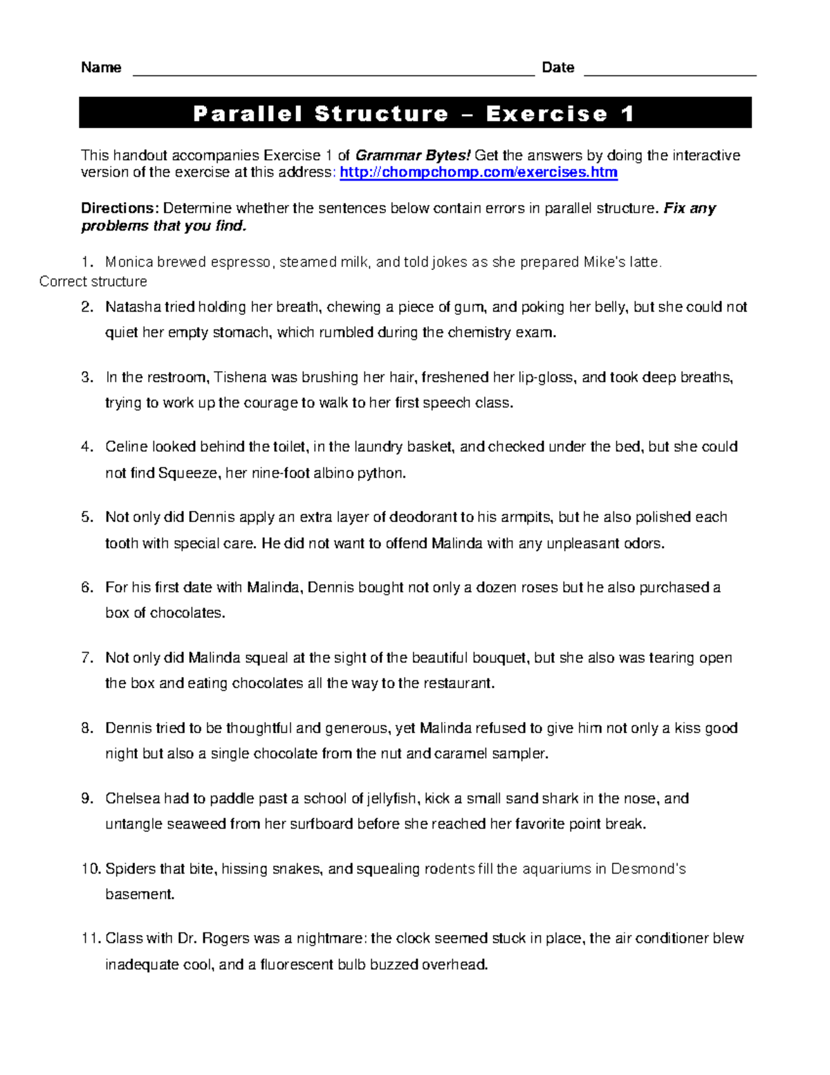 Parallel structure 1 279jng1 - Name Date P a r a l l e l S t r u c t u r e – E x e r c i s e 1 ...